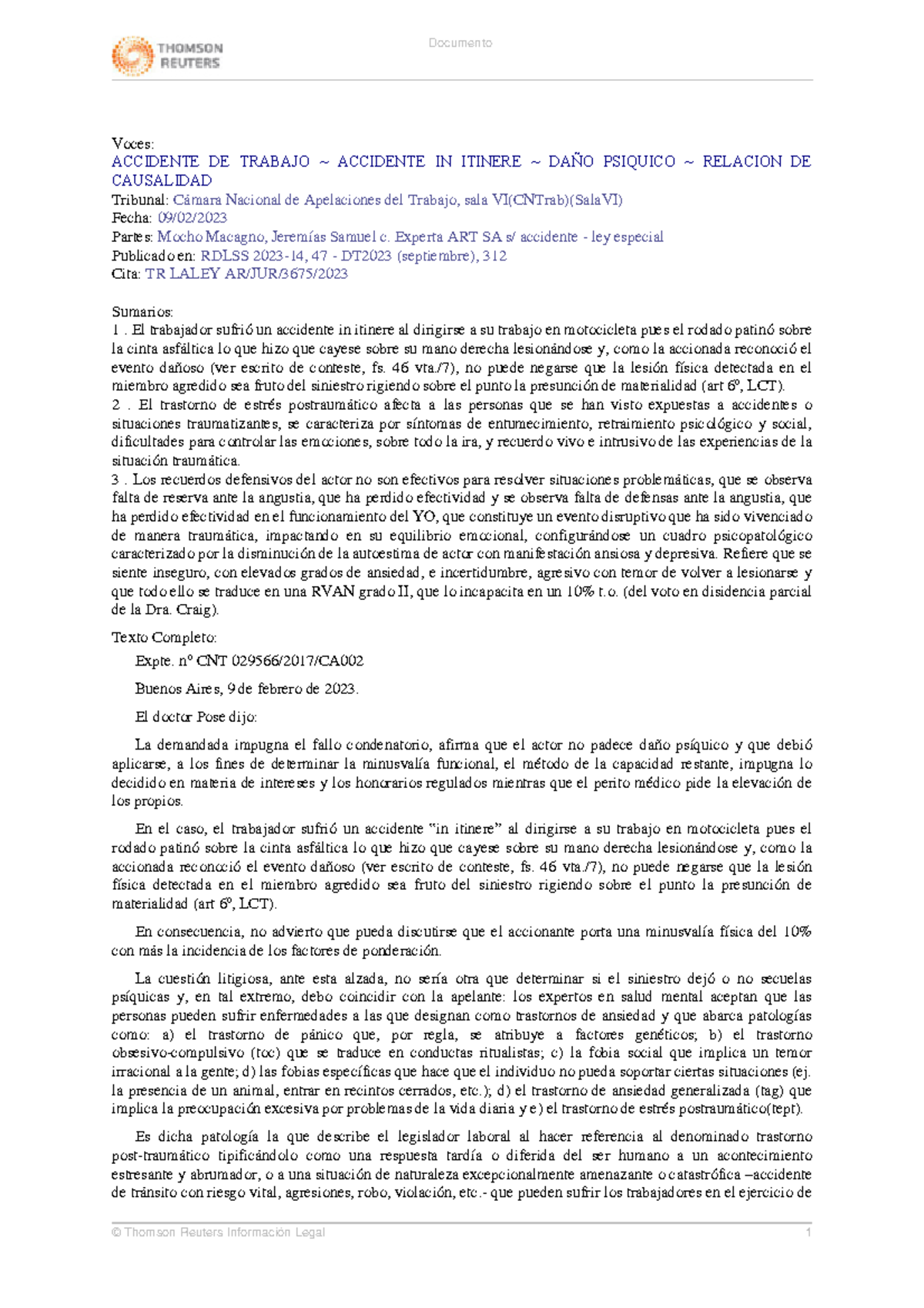 Sinist Laboral. IN Itinere. DAÑO Psiquico - Voces: ACCIDENTE DE TRABAJO ...