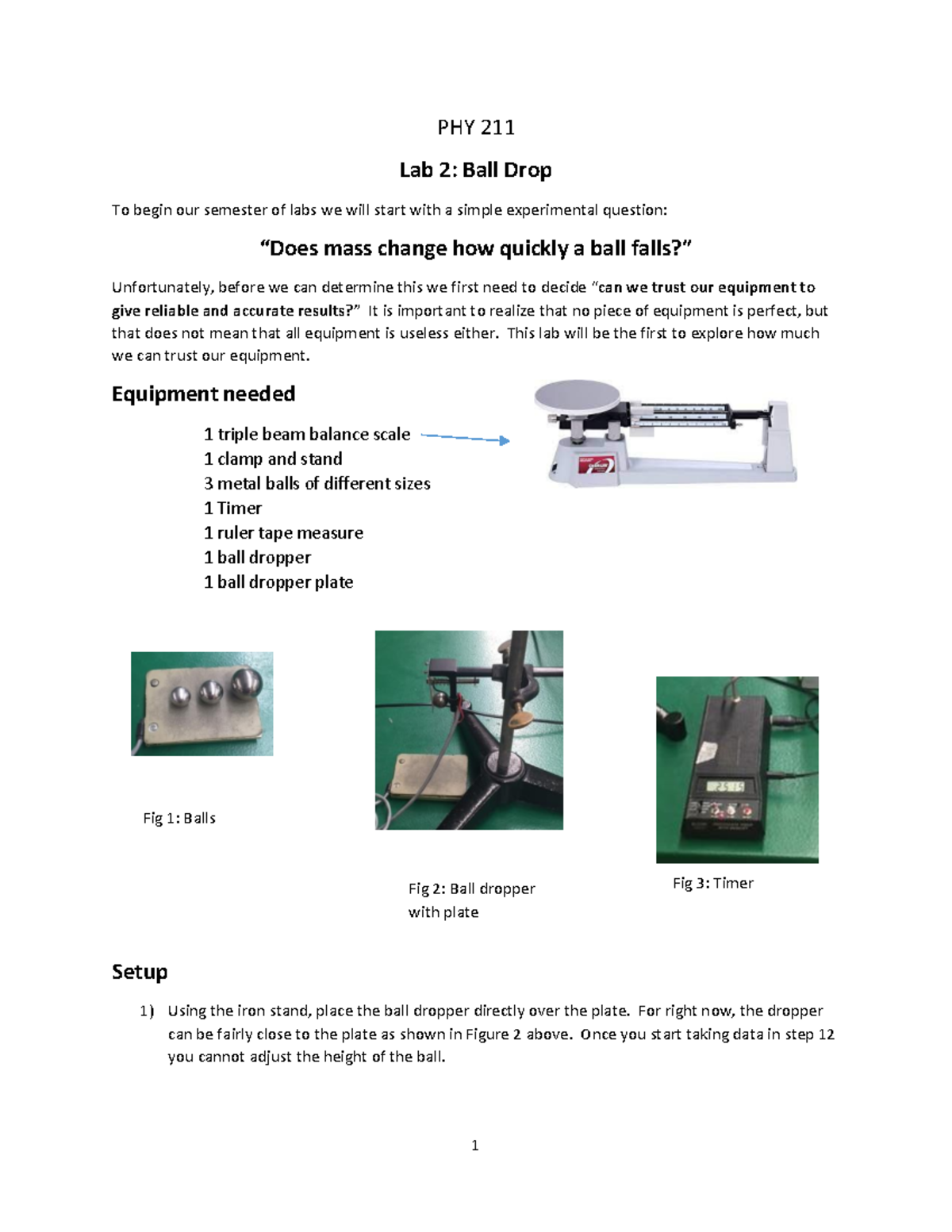PHY 211 Lab 2 Ball Drop Manual - PHY 2 11 Lab 2 : Ball Drop To begin ...
