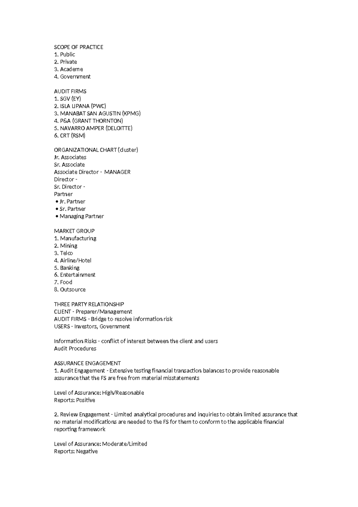 Audit - SCOPE OF PRACTICE Public Private Academe Government AUDIT FIRMS ...