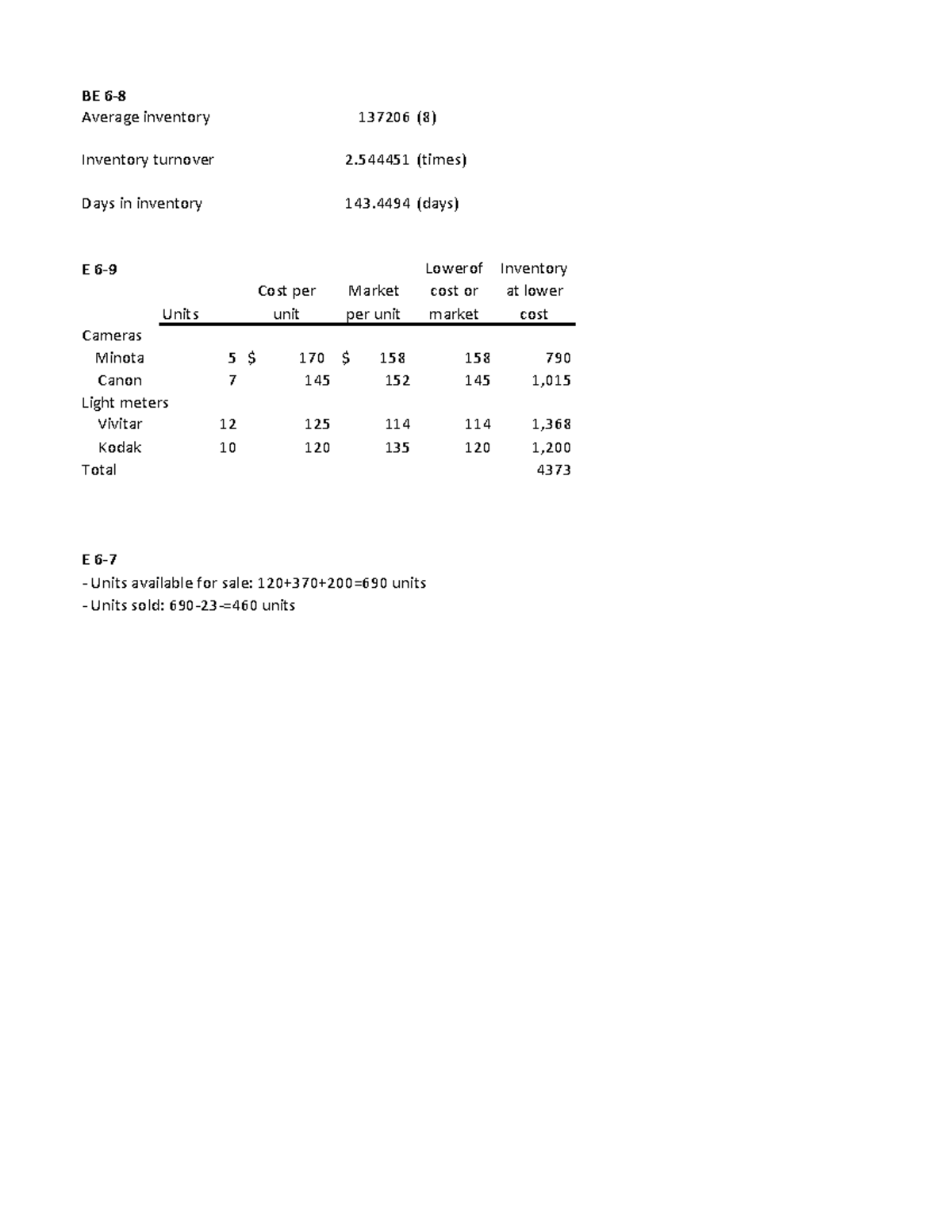 E 6 - Reporting and Analyzing Inventory - BE 6- Average inventory ...
