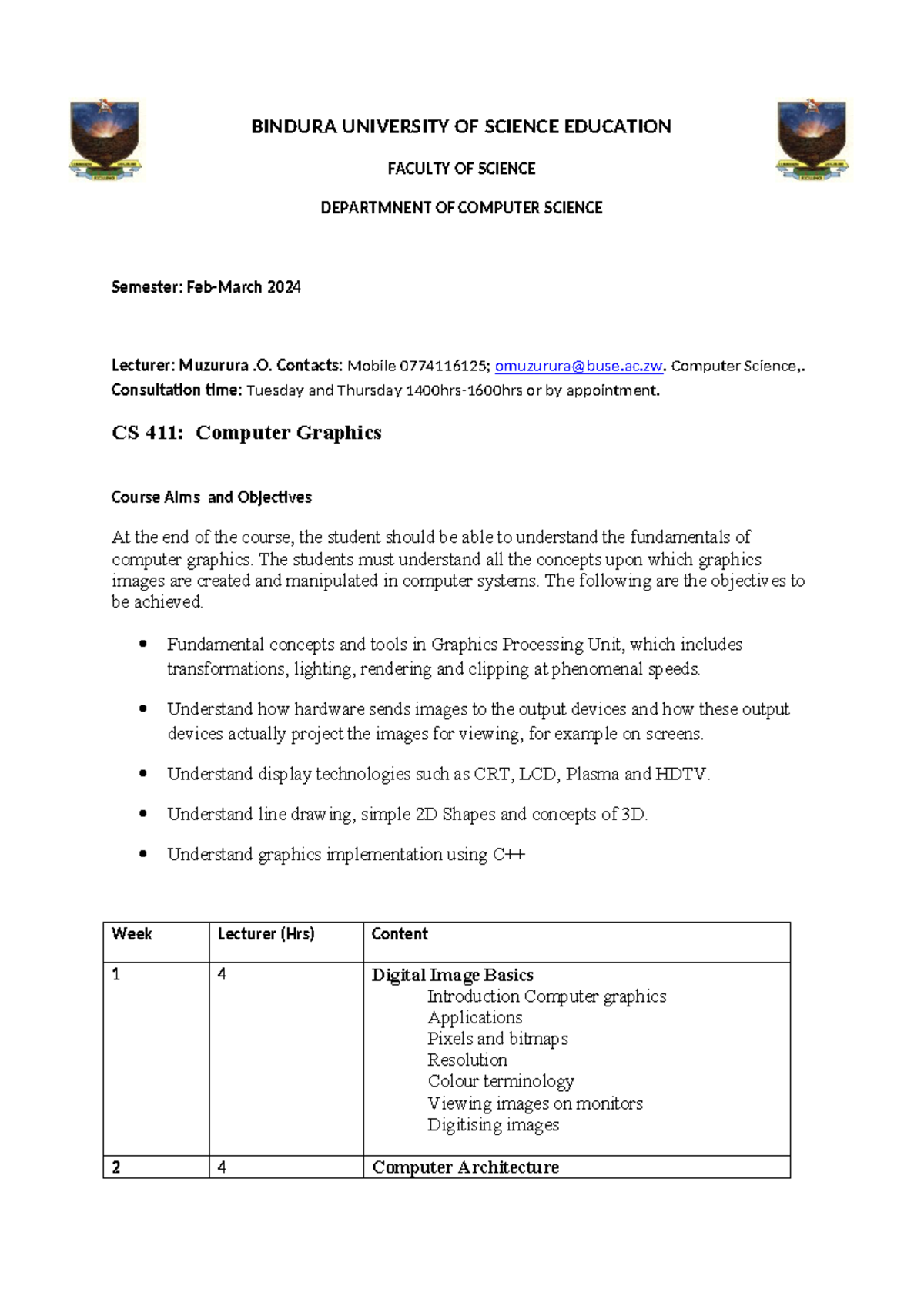 Course Outline CS411 - BINDURA UNIVERSITY OF SCIENCE EDUCATION FACULTY ...