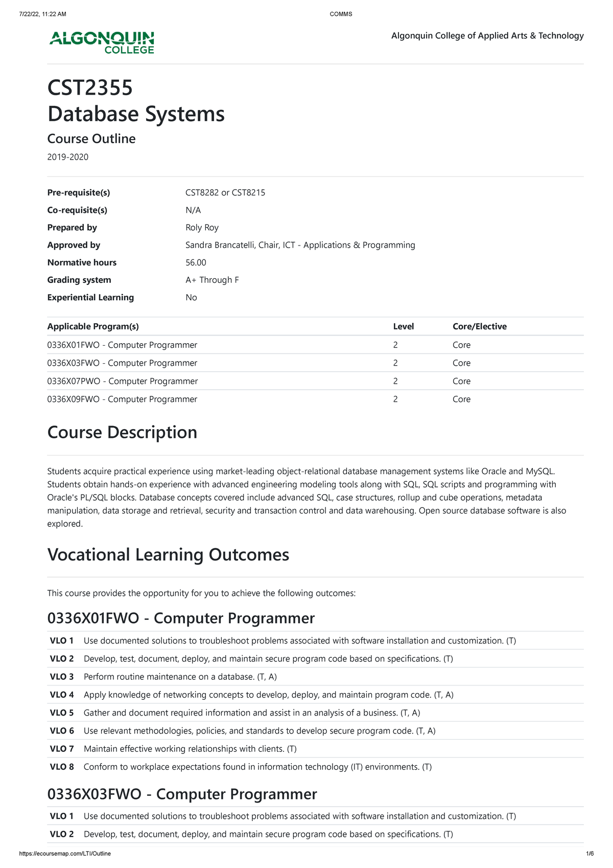 CST2355 - FYI. - CST Database Systems Course Outline 2019- Applicable ...