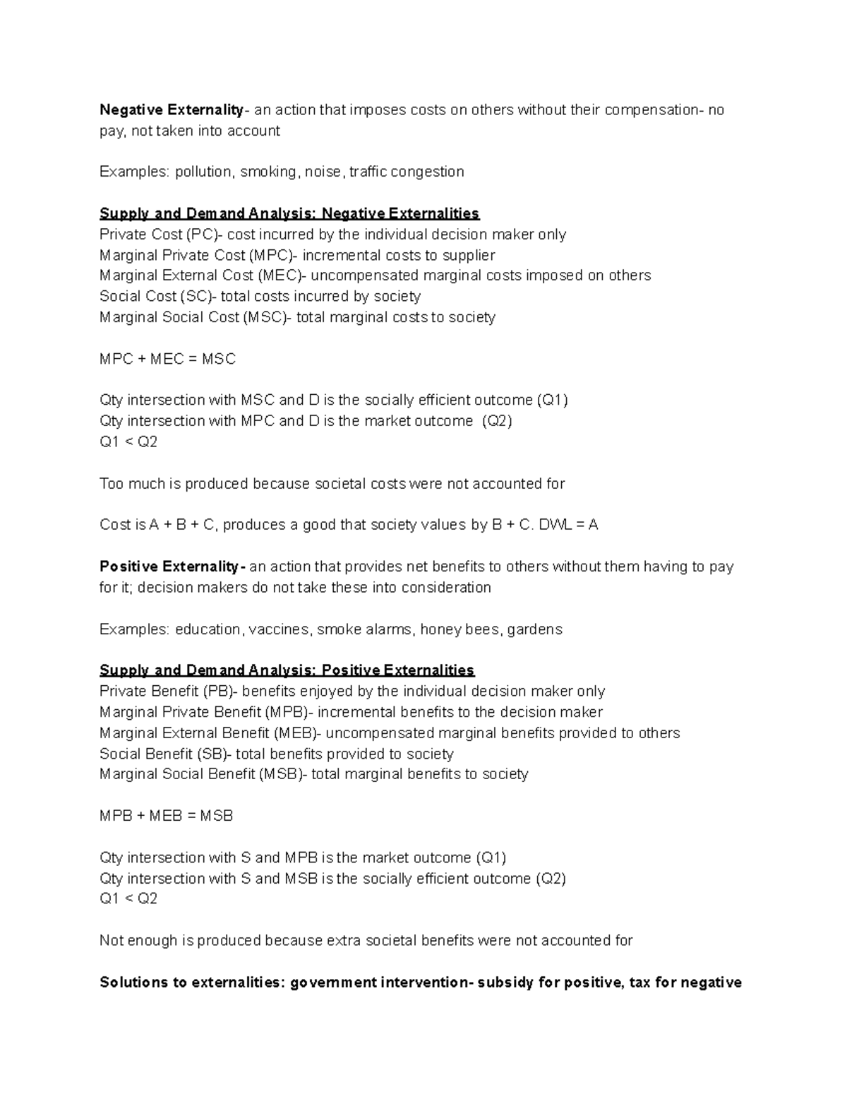 Econ 101 Notes for Midterm #1 12 - Negative Externality - an action ...