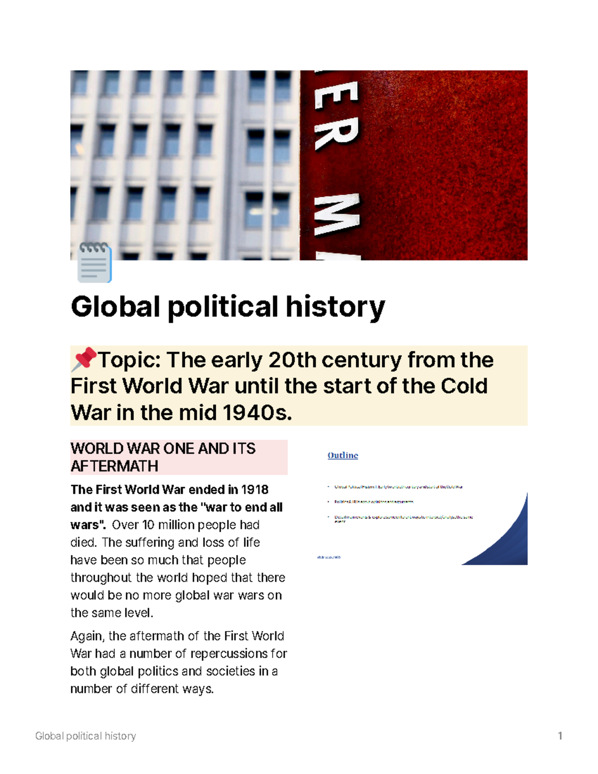 Global political history - WORLD WAR ONE AND ITS AFTERMATH The First ...