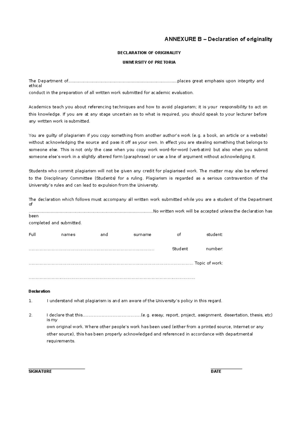 Declaration of Originality - ANNEXURE B – Declaration of originality ...