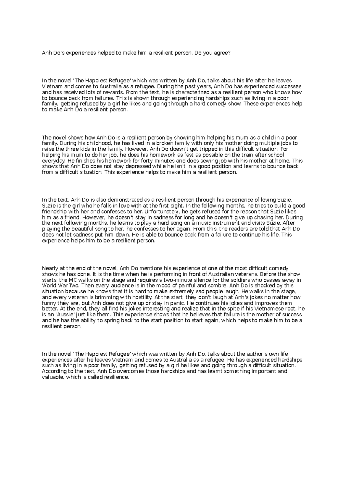 Teeel Essay 1 - vce - Anh Do’s experiences helped to make him a ...