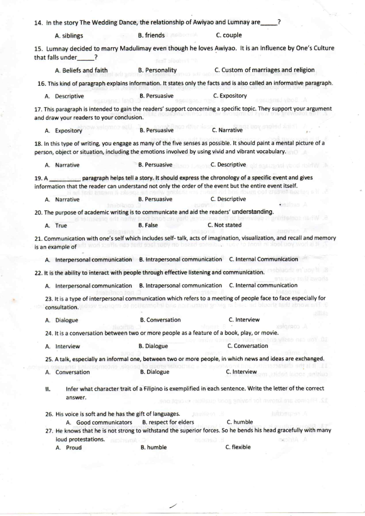 ENGLISH 7 exams - 14. In the story The Wedding Dance, the relationship ...