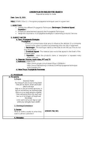 Grade 8 English Lesson Plan - Detailed Lesson Plan in English 8 GRADE 8 ...