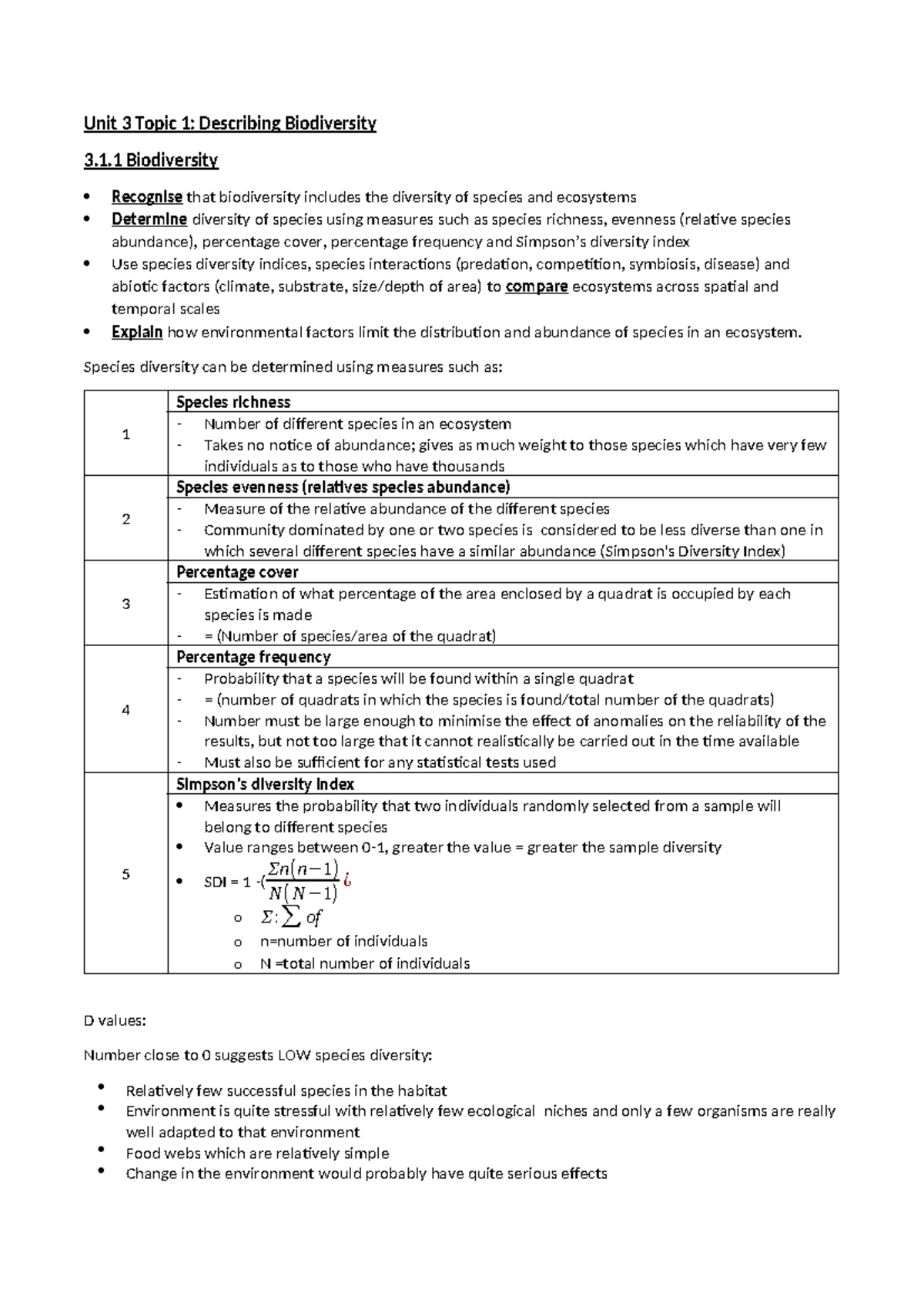 Unit 3 and 4 Revision Notes - Unit 3 Topic 1: Describing Biodiversity 3 ...