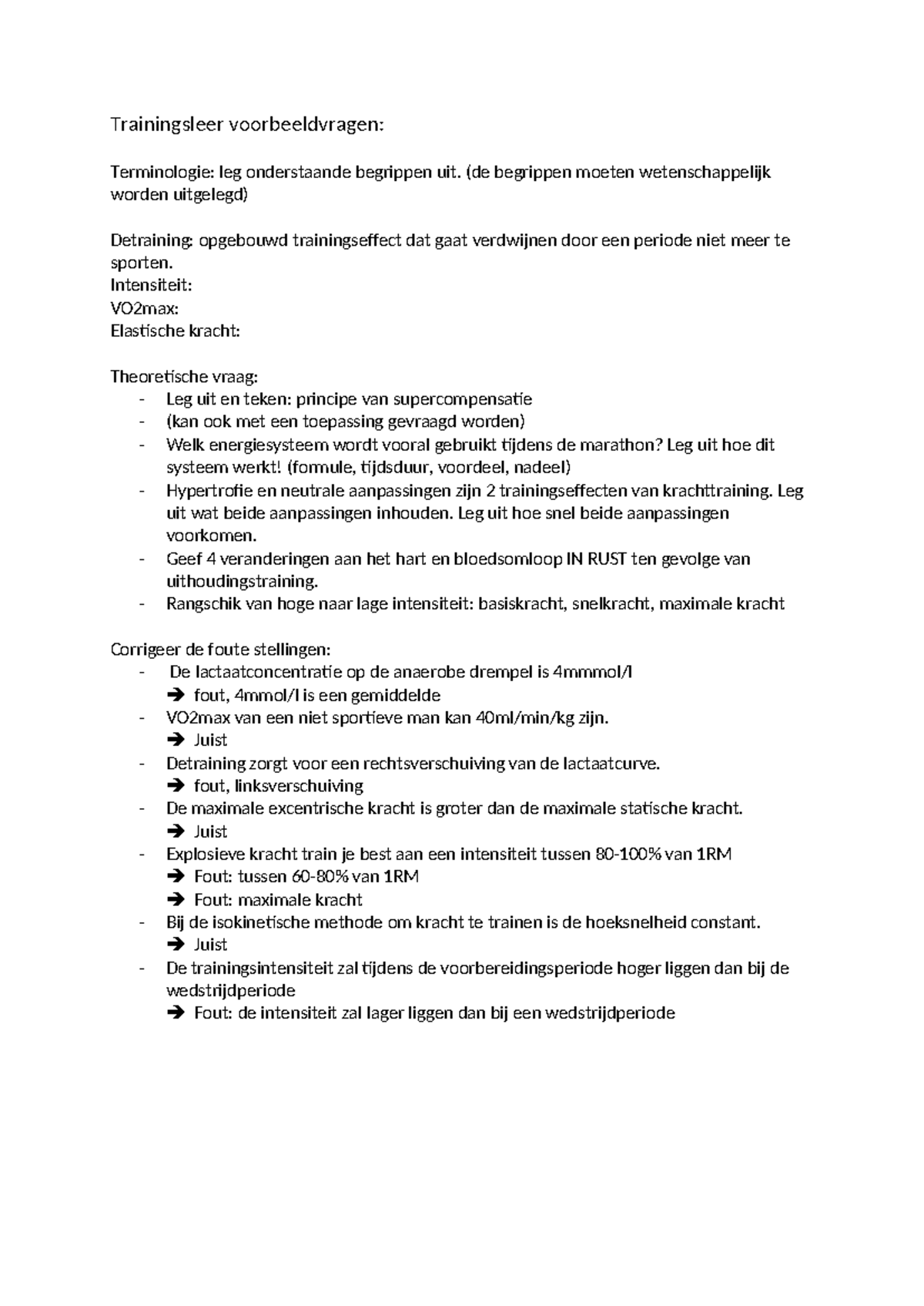 Trainingsleer voorbeeldvragen - Trainingsleer voorbeeldvragen ...