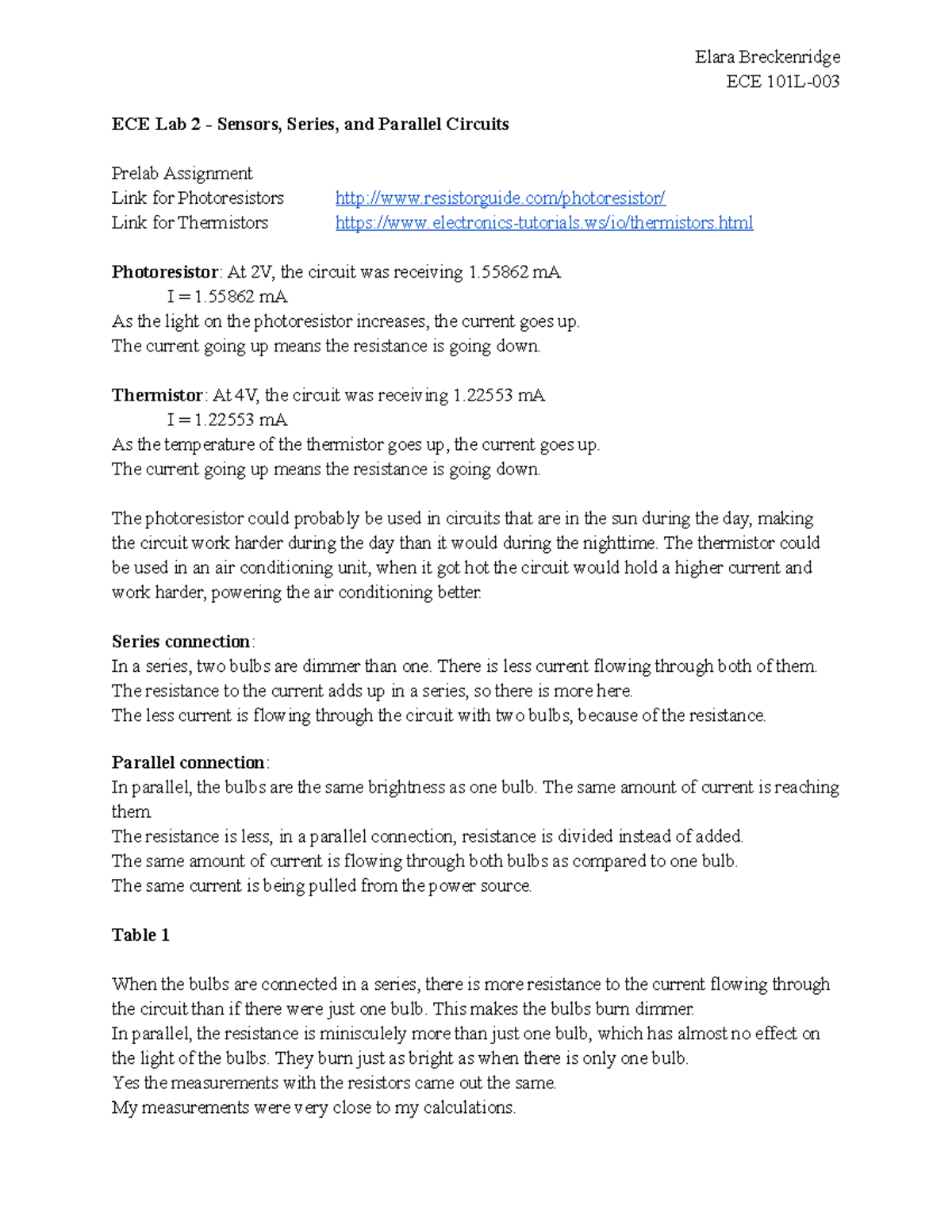 ECE Lab 2 - Sensors, Series, and Parallel Circuits - The current going ...