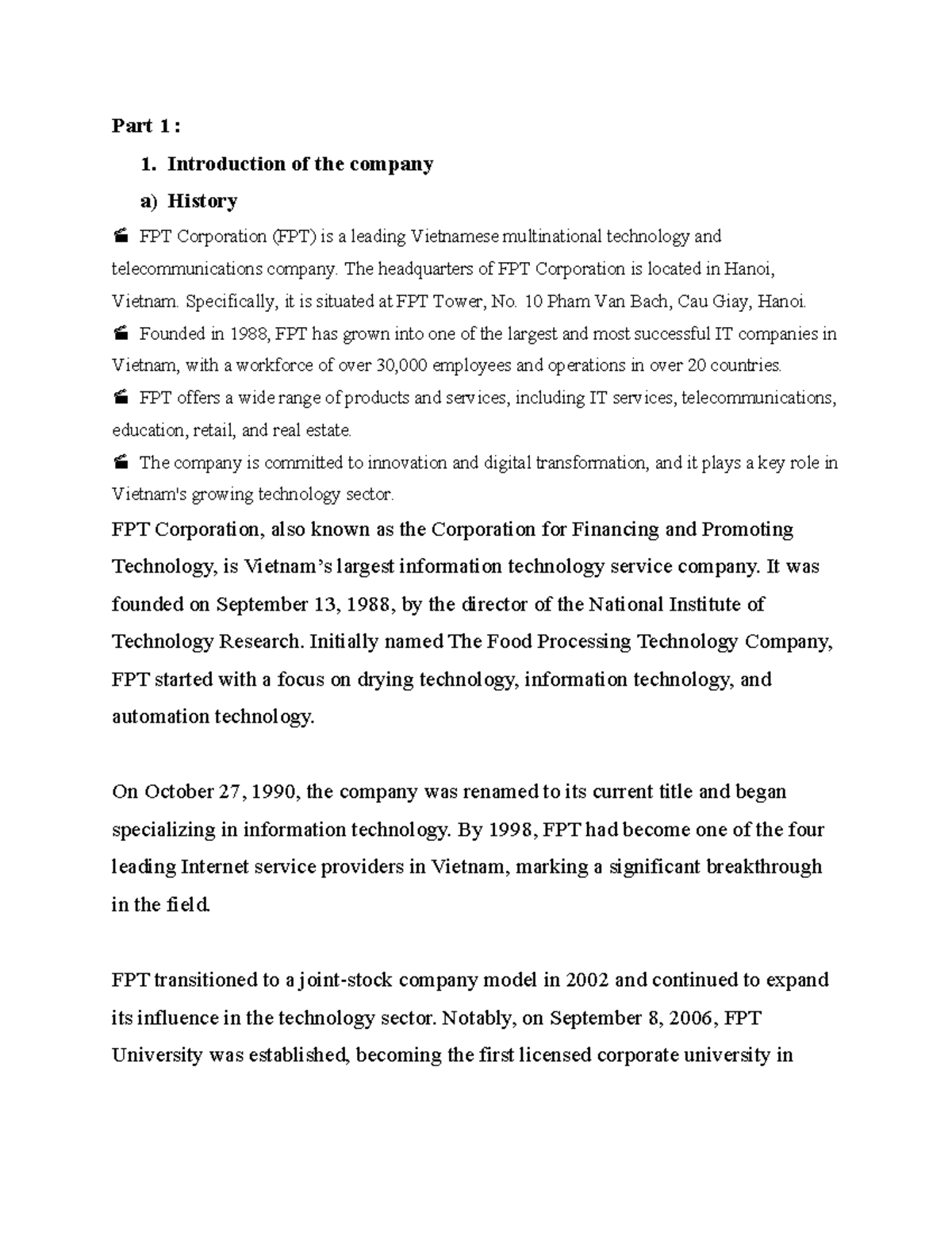 FPT Phân tích BCTC Bond FPT - Part 1 : 1. Introduction of the company a) History FPT Corporation ...