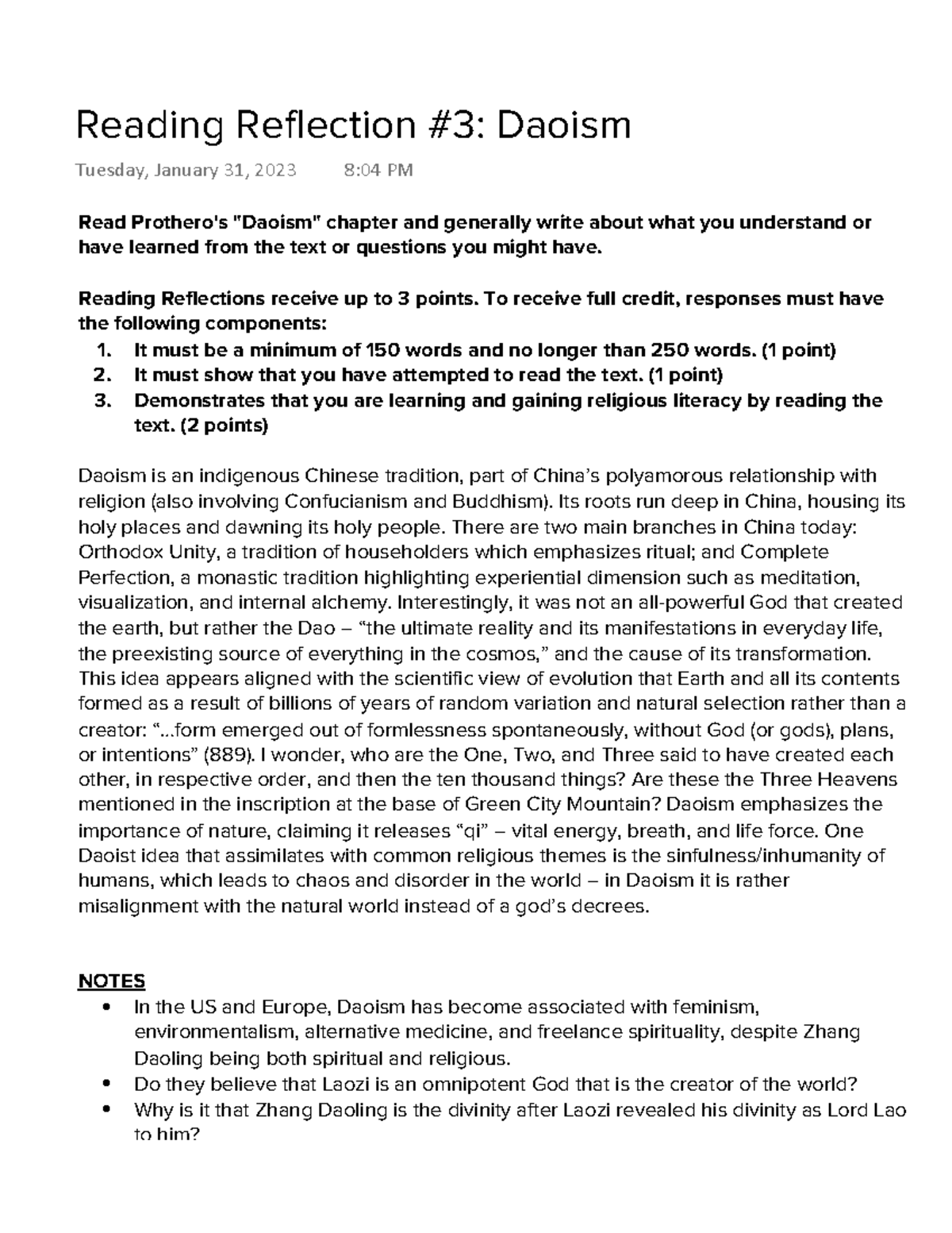 Reading Reflection 3 Daoism - Read Prothero's "Daoism" chapter and ...