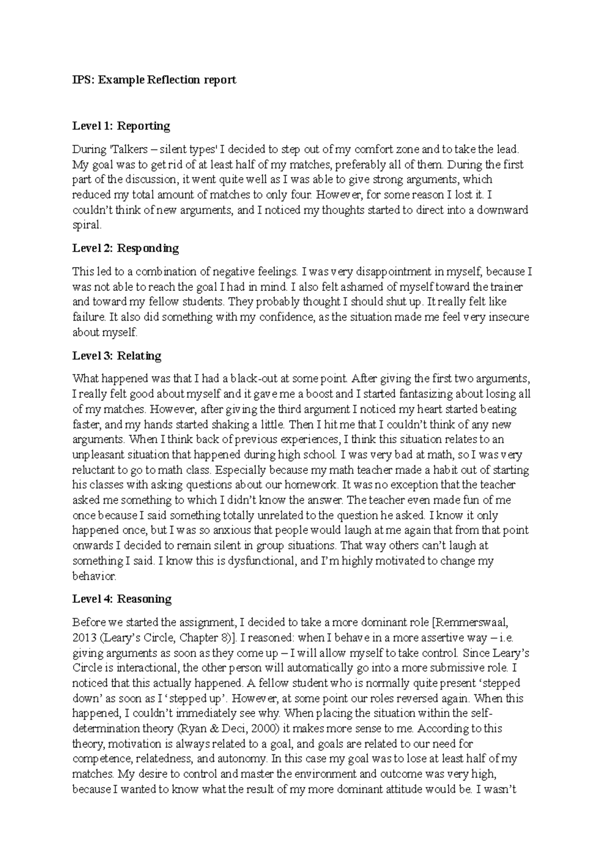 IPS Example Reflection Report - IPS: Example Reflection report Level 1 ...