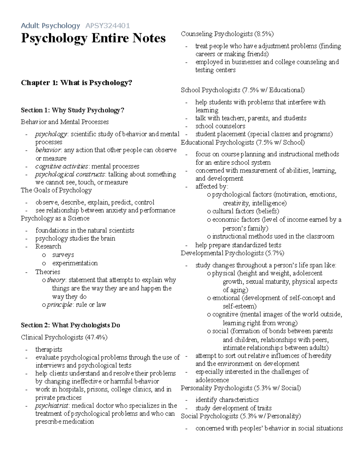 ALL Chapter Notes APSY324401 - Adult Psychology APSY324401 Psychology ...