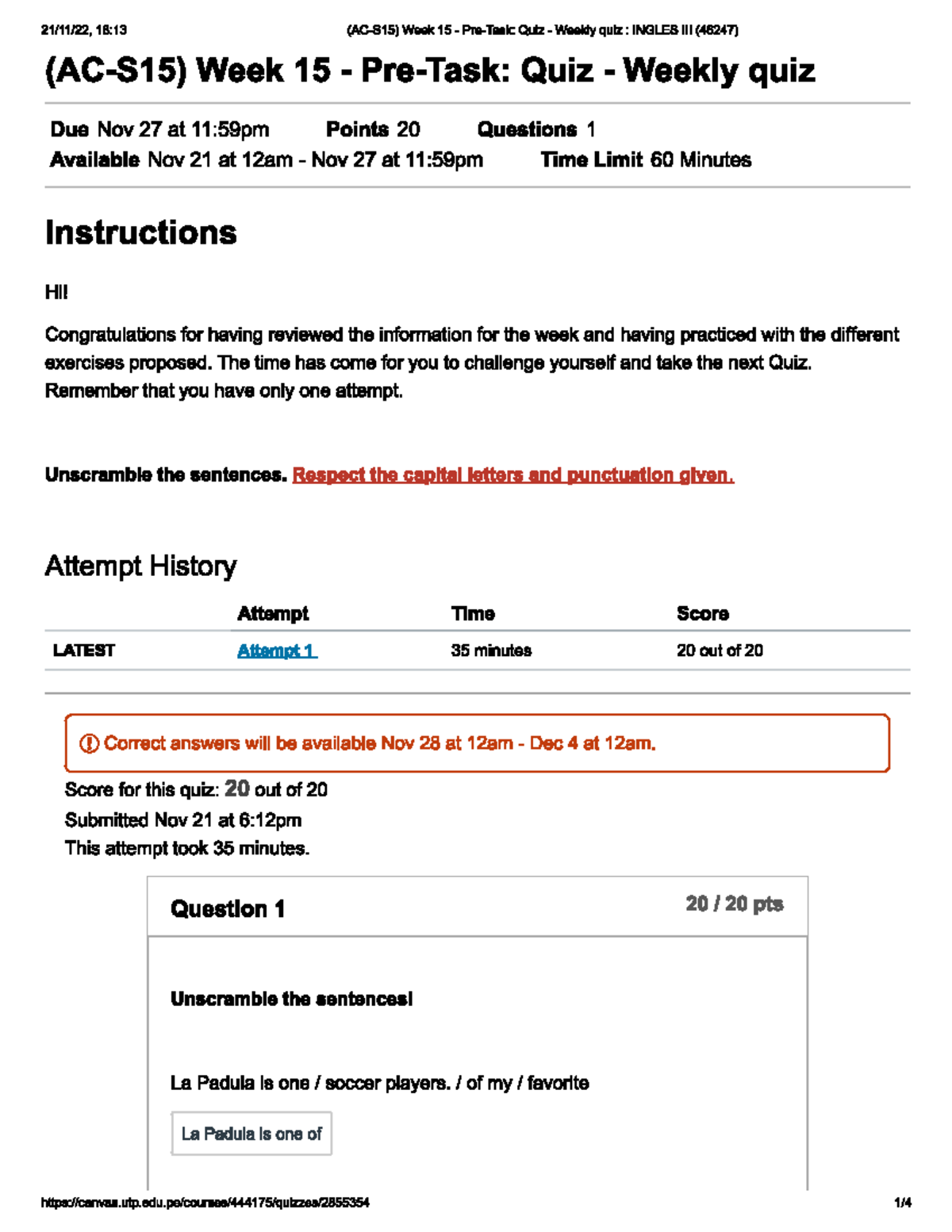 (AC-S15) Week 15 - Pre-Task: Quiz - Weekly quiz - Ingles III - Studocu