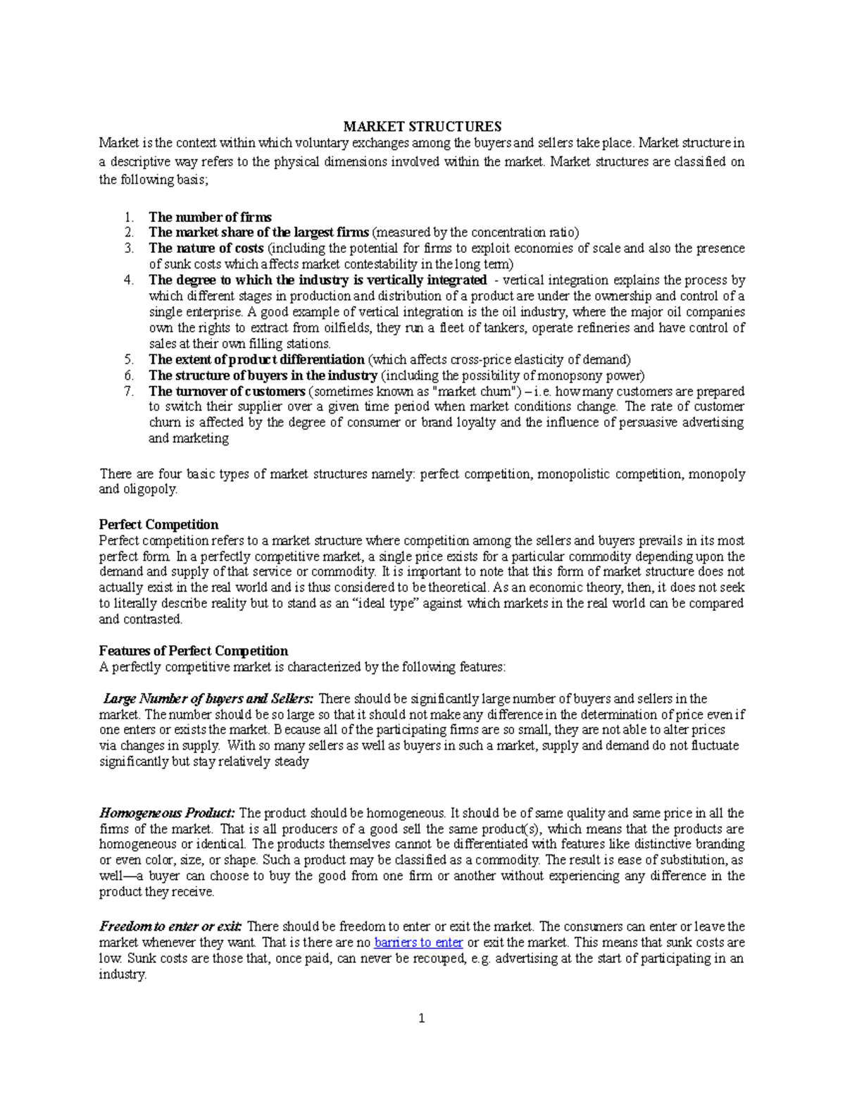 Chapter 6 Market Structures - MARKET STRUCTURES Market is the context ...