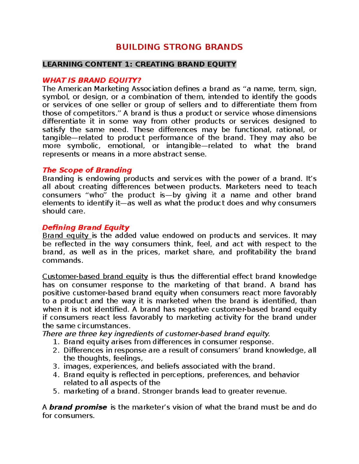 Building Strong Brands - BUILDING STRONG BRANDS LEARNING CONTENT 1: CREATING BRAND EQUITY WHAT ...