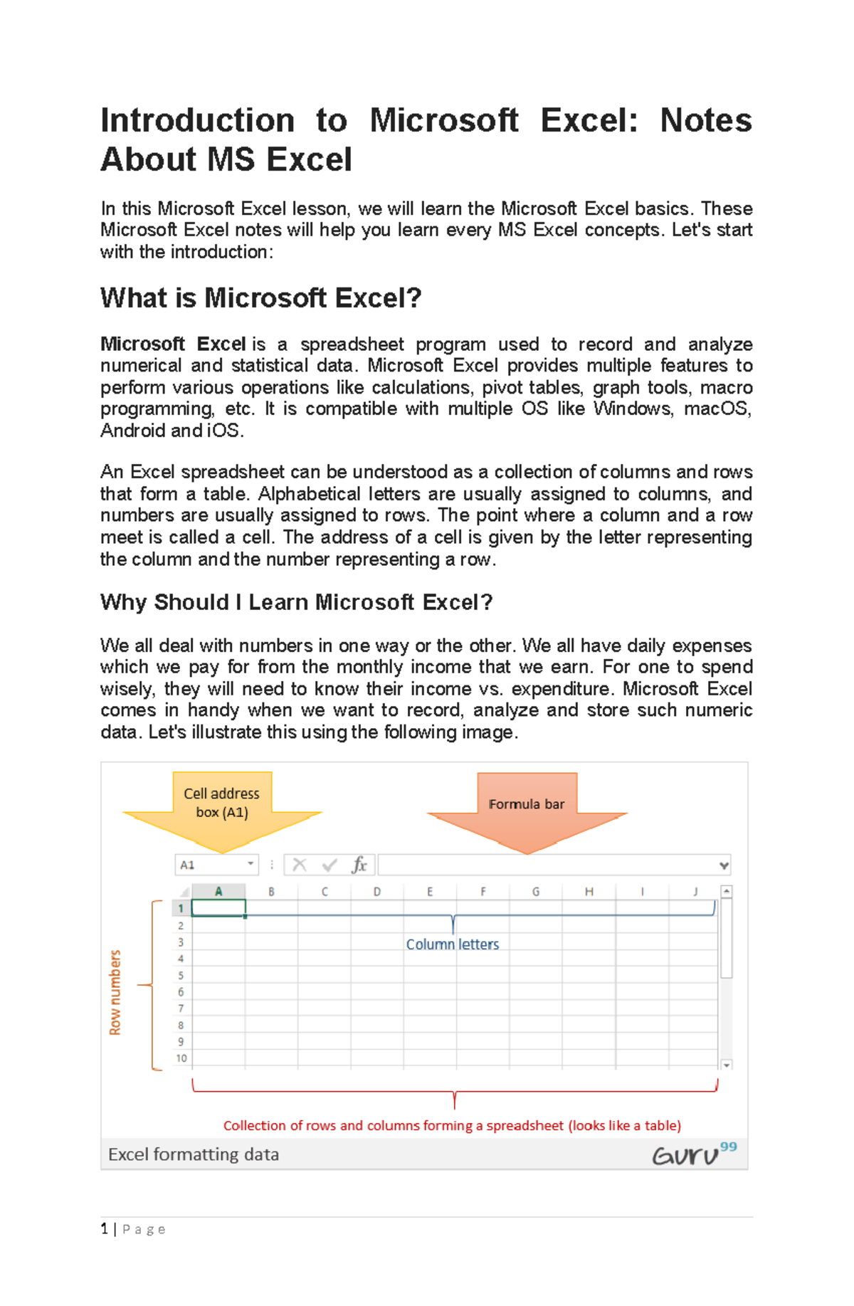 notes to Microsoft Excel - Introduction to Microsoft Excel: Notes About ...