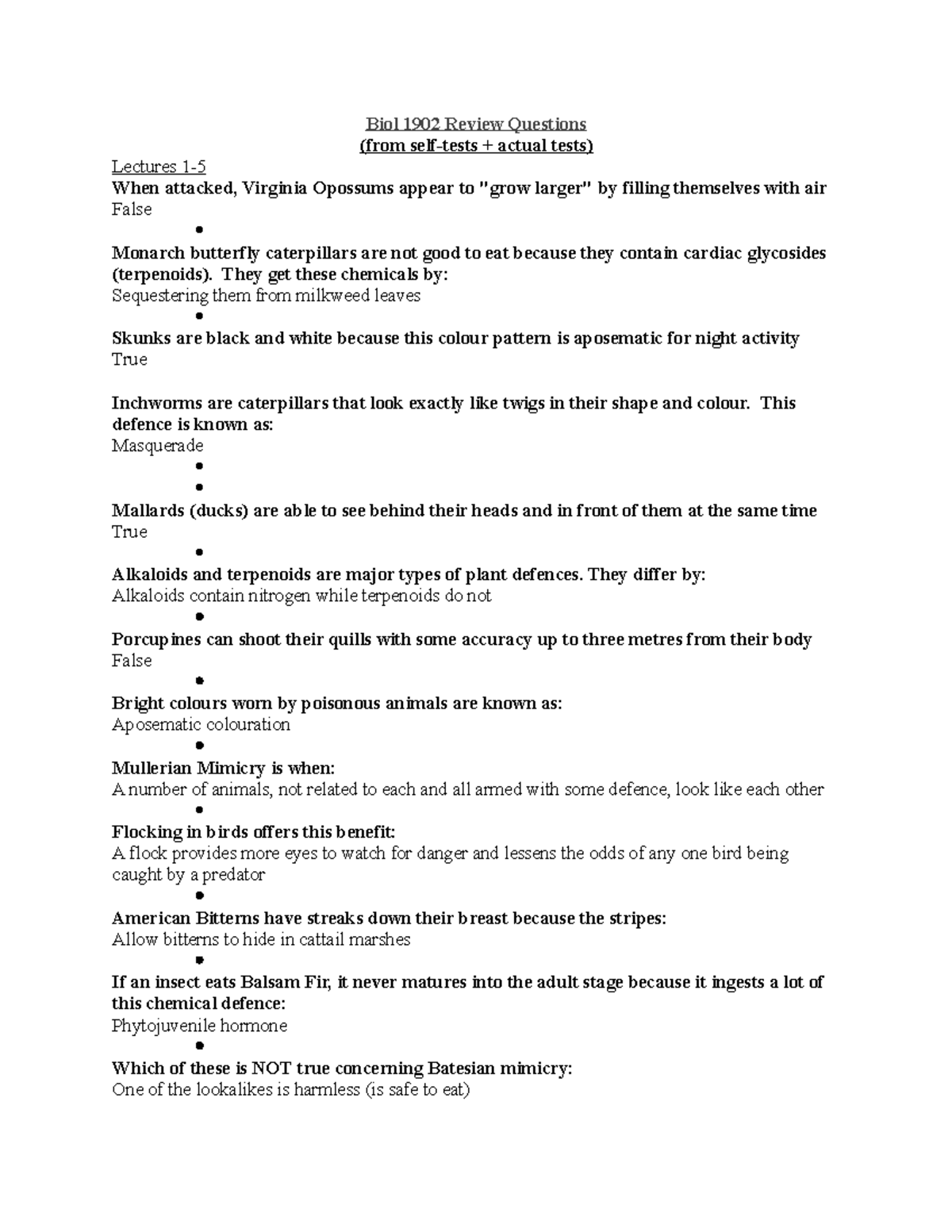 Biol questions and answers - Biol 1902 Review Questions (from self ...