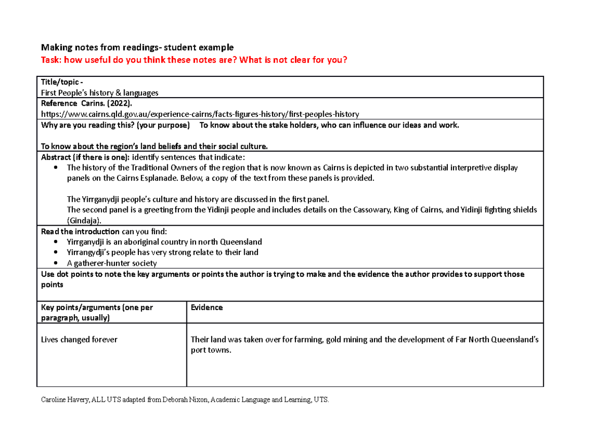 Student example for reading 1 - Making notes from readings- student ...