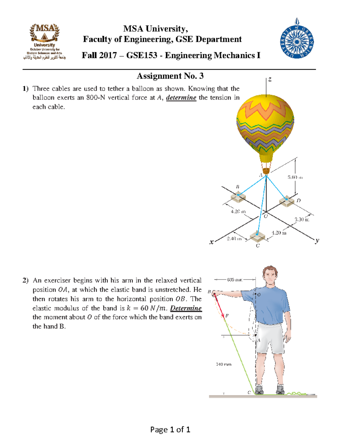 Mechanics - assignment 3 - fall 2017 - MSA University, Faculty of ...