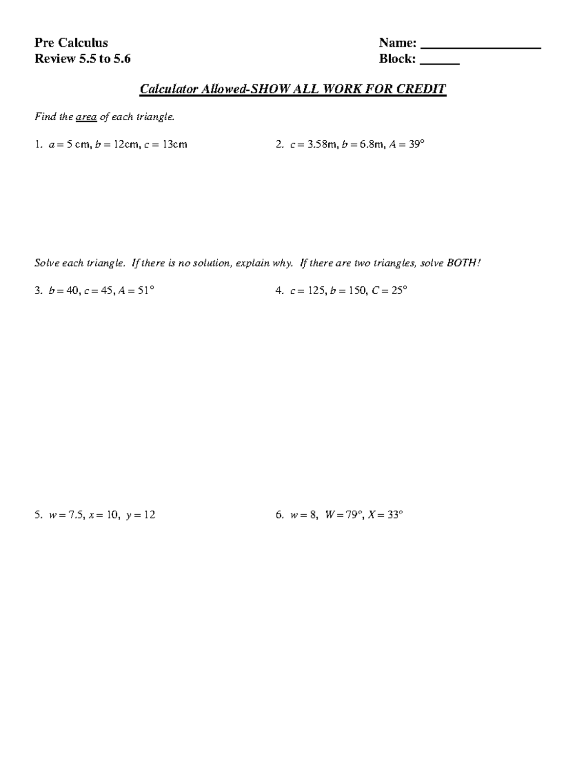 Precalc - Chapter 5.5 and 5.6 Review - Pre Calculus Name ...