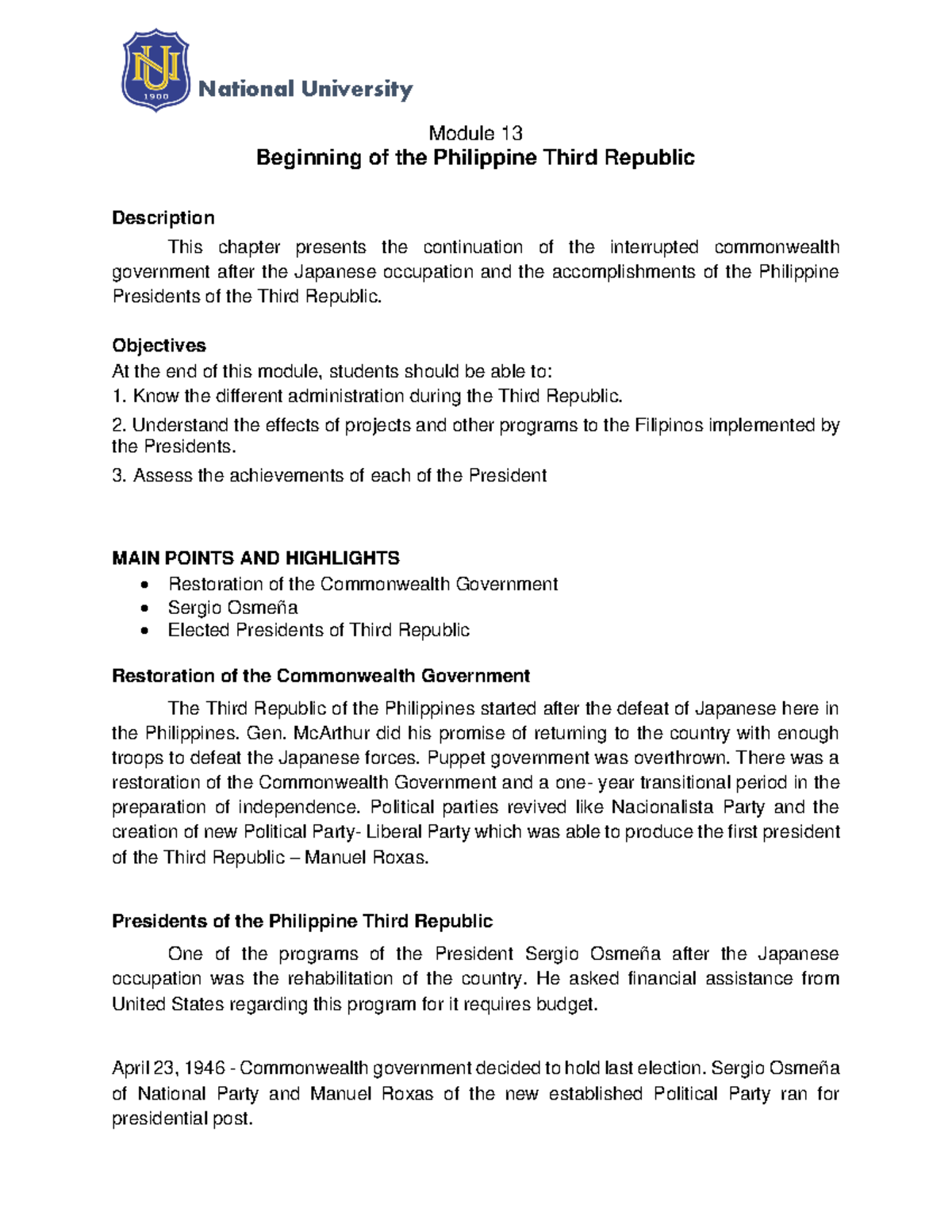 RPH-Module 13 - RPH-Module 13 New preidents and new repbulic - National University Module 13 ...