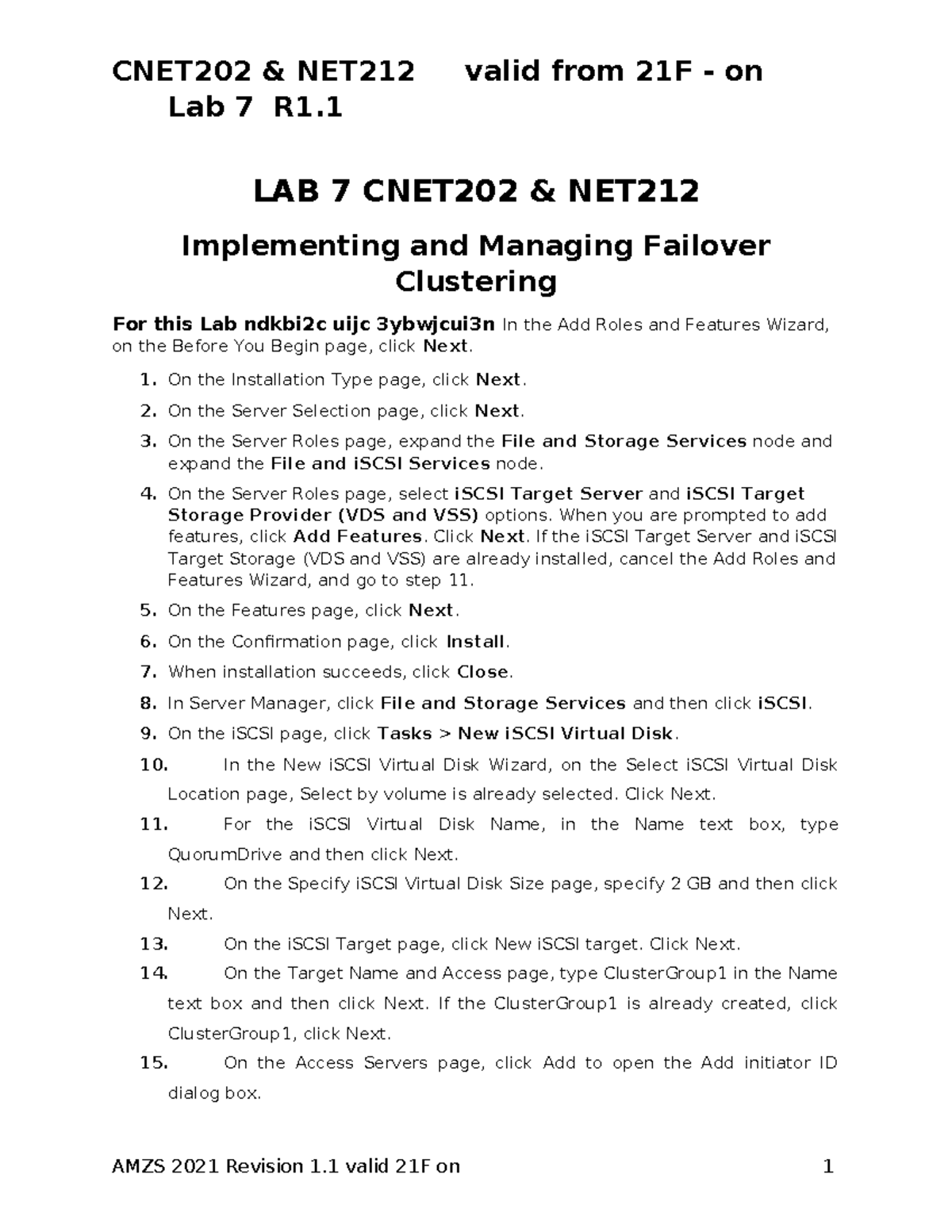 Labbb 8 2023 - gpo - Lab 7 R1. LAB 7 CNET202 & NET Implementing and Managing Failover Clustering ...