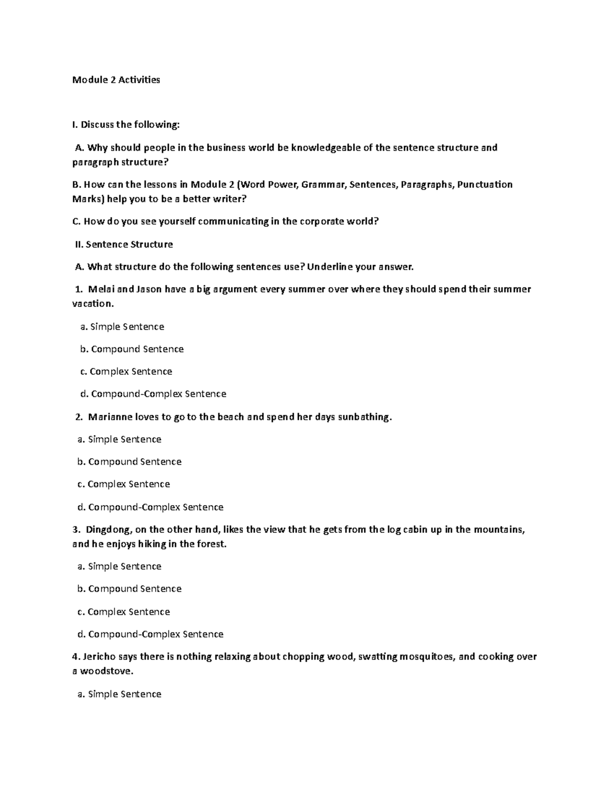 Module 2 Activities - BE subject - Module 2 Activities I. Discuss the ...