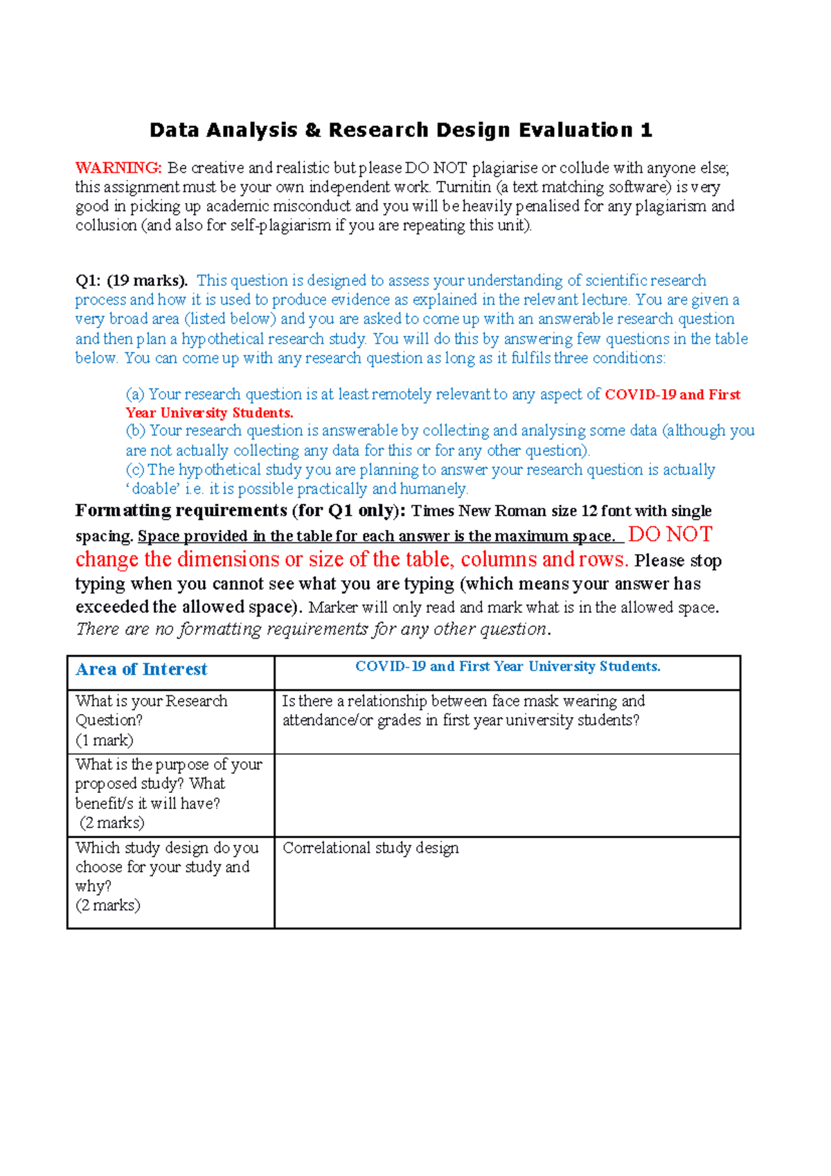 Questions Data Analysis and Research Design Evaluation 1 - Data ...