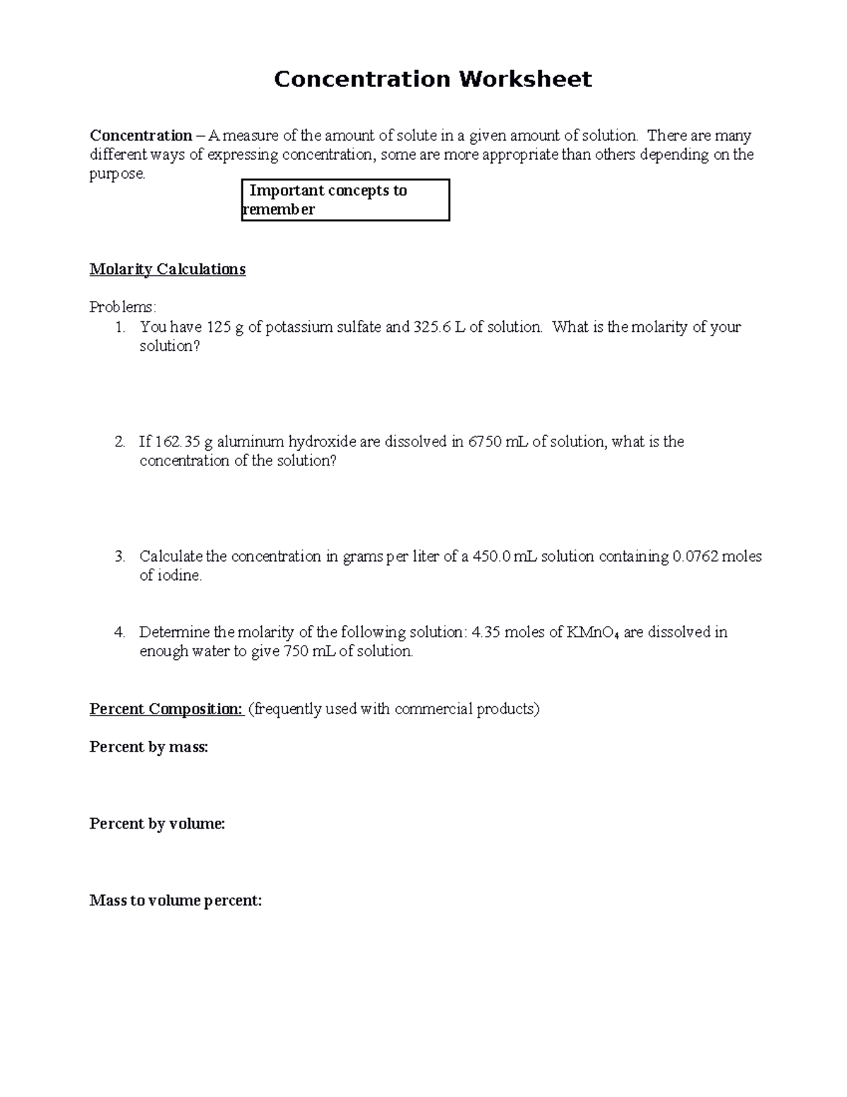 Chem121 Concentration Wrkst - Concentration Worksheet Concentration – A ...