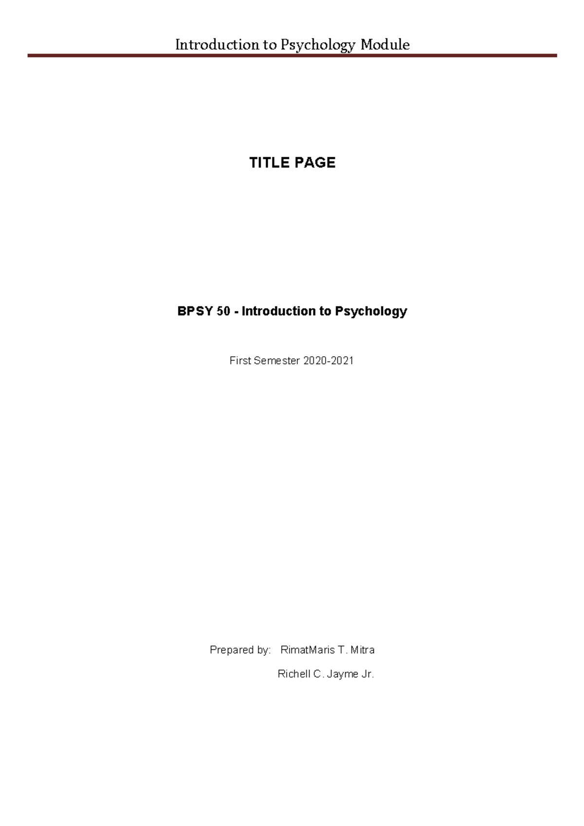 Ilide - a note - TITLE PAGE BPSY 50 - Introduction to Psychology First ...