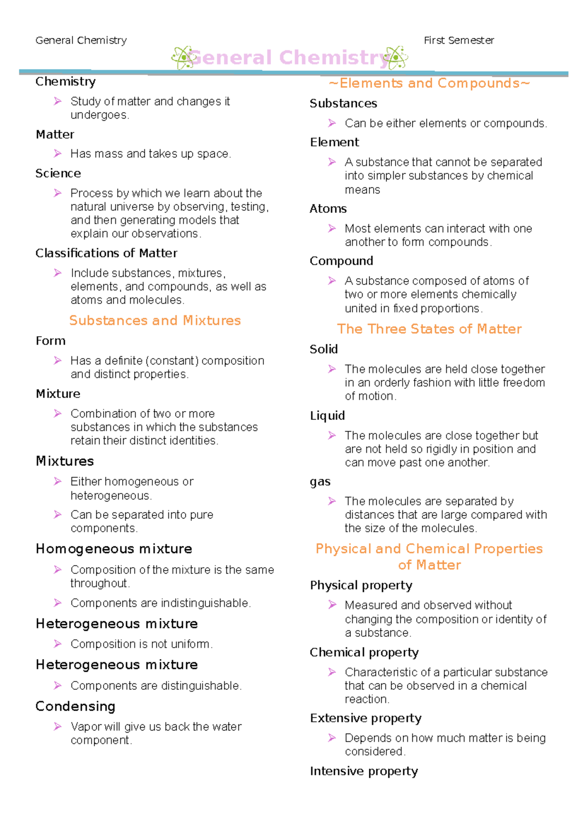 General Chemistry Notes - General Chemistry Chemistry Study of matter ...