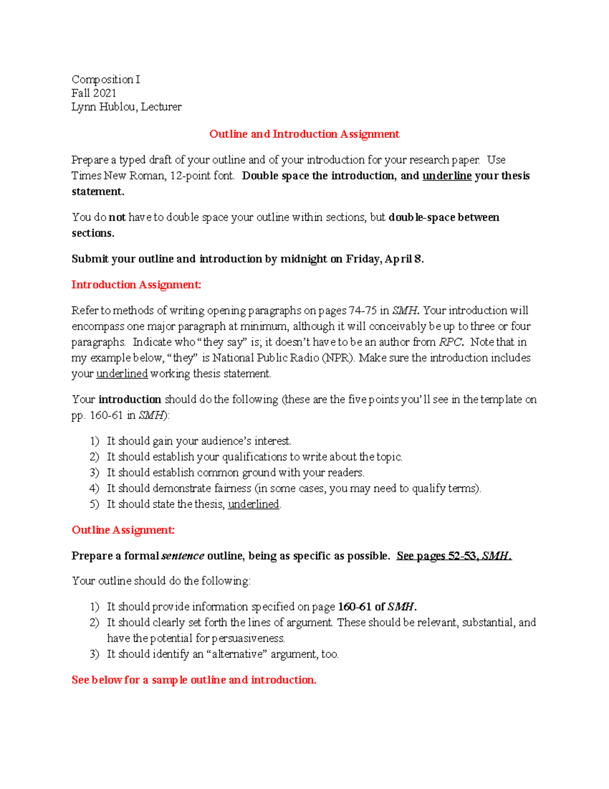 Intro Outline Assignment - Composition I Fall 2021 Lynn Hublou ...