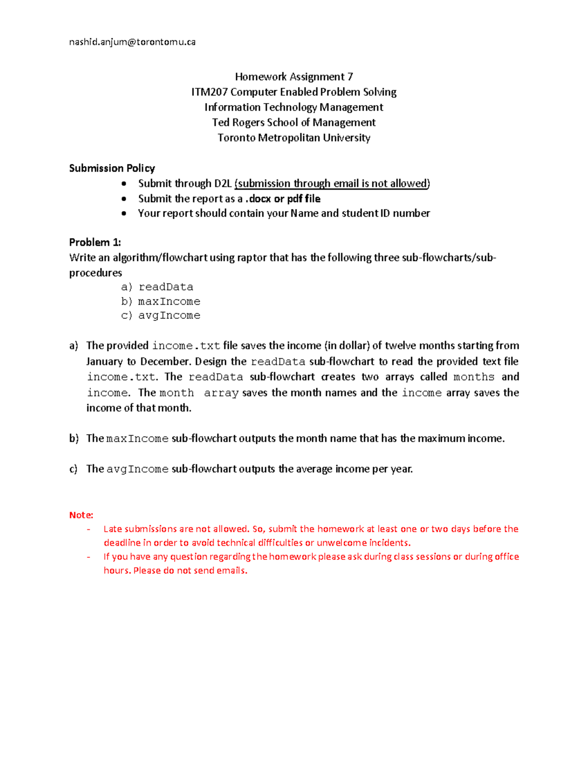Homework Assignment 7 - nashid@torontomu Homework Assignment 7 ITM207 Computer Enabled Problem ...