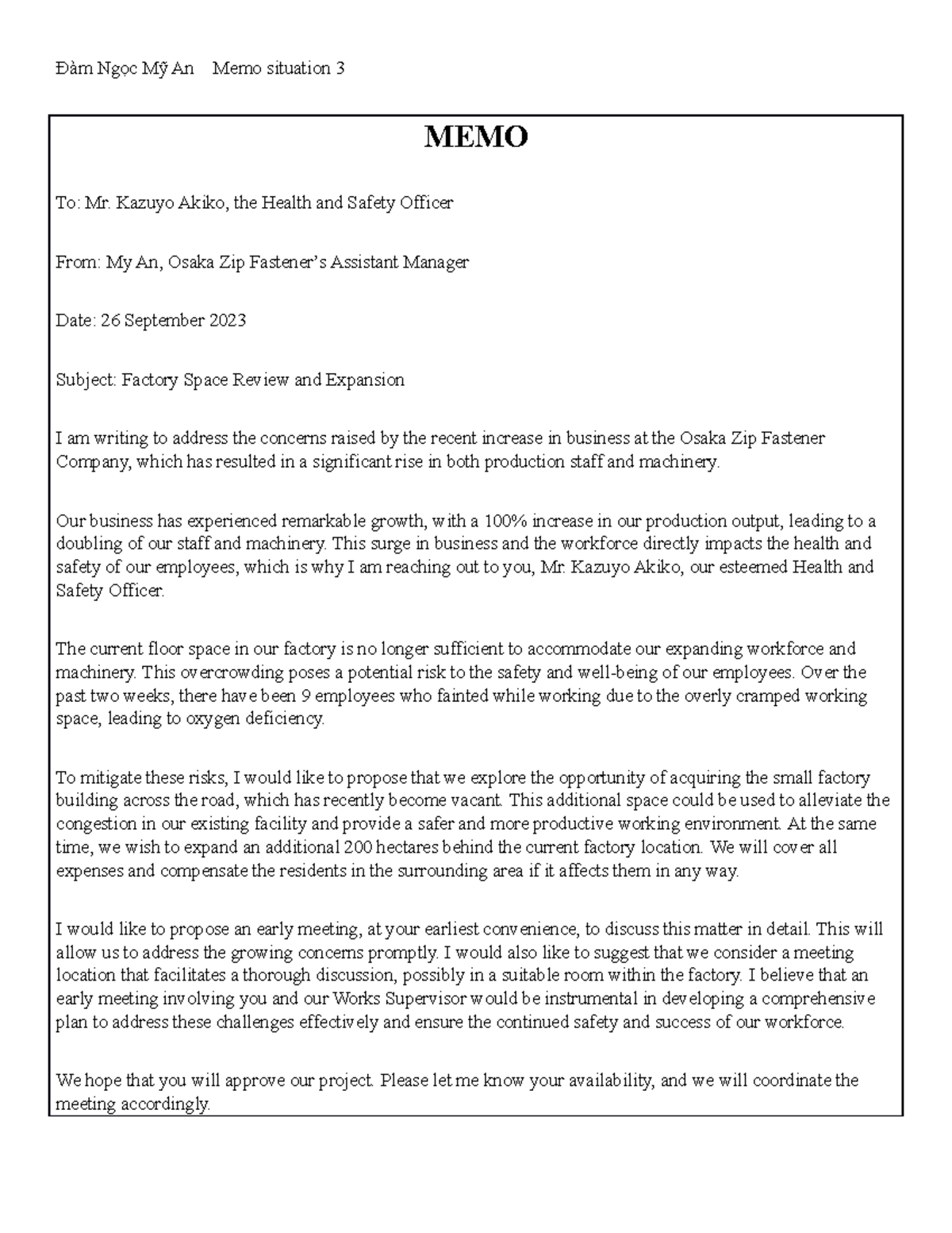 Memo - Memo stvb - Đàm Ngọc Mỹ An Memo situation 3 MEMO To: Mr. Kazuyo ...