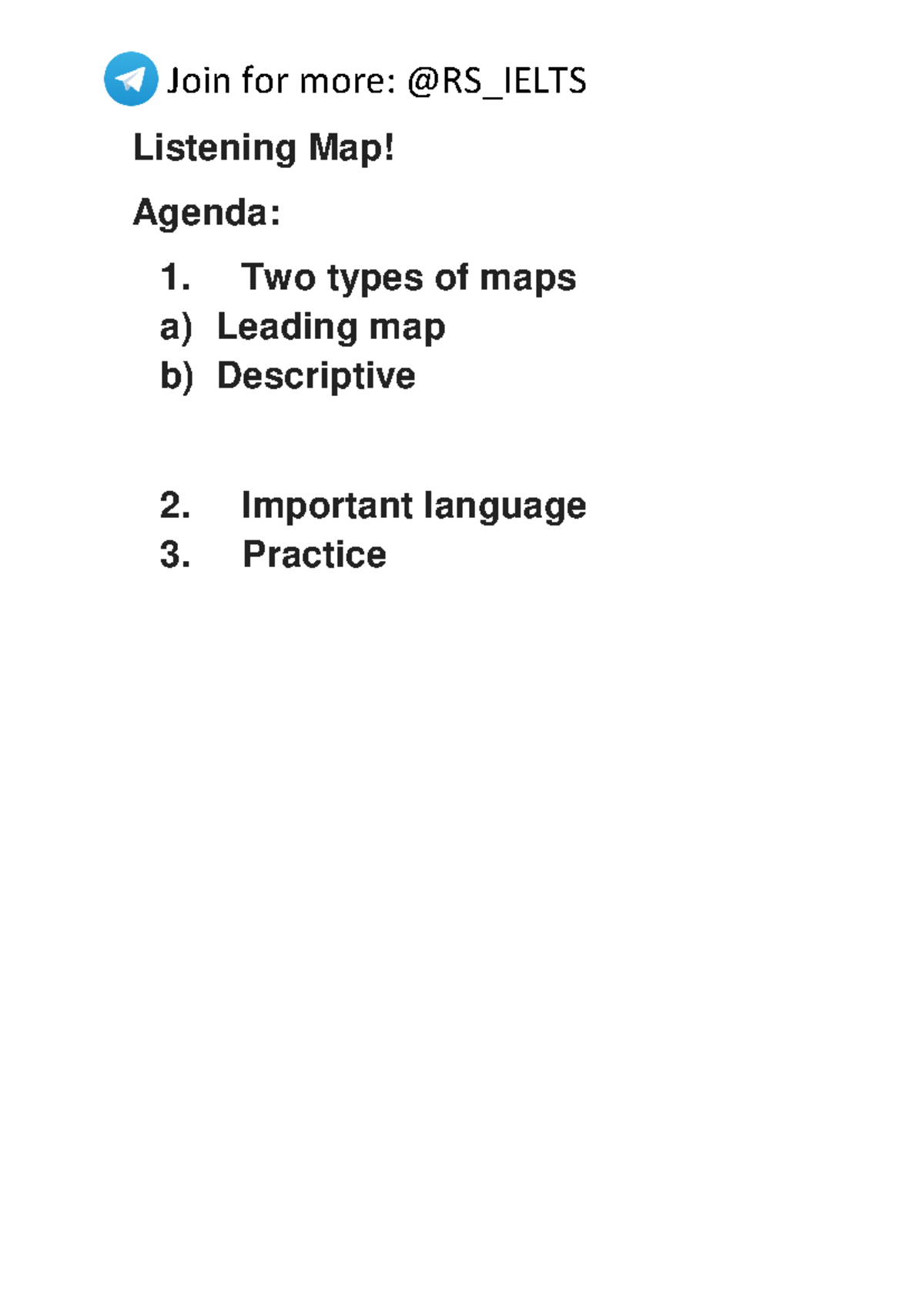 (@RS Ielts) Listening Map - Listening Map! Agenda: 1. Two types of maps ...