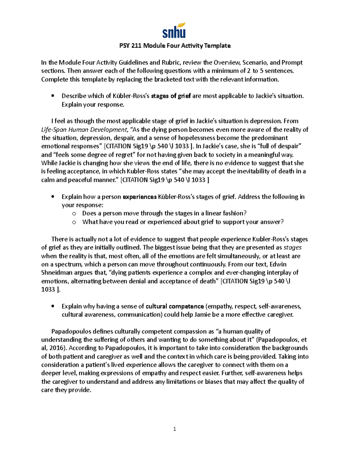 PSY 211 Module Four Activity Template - Then answer each of the ...