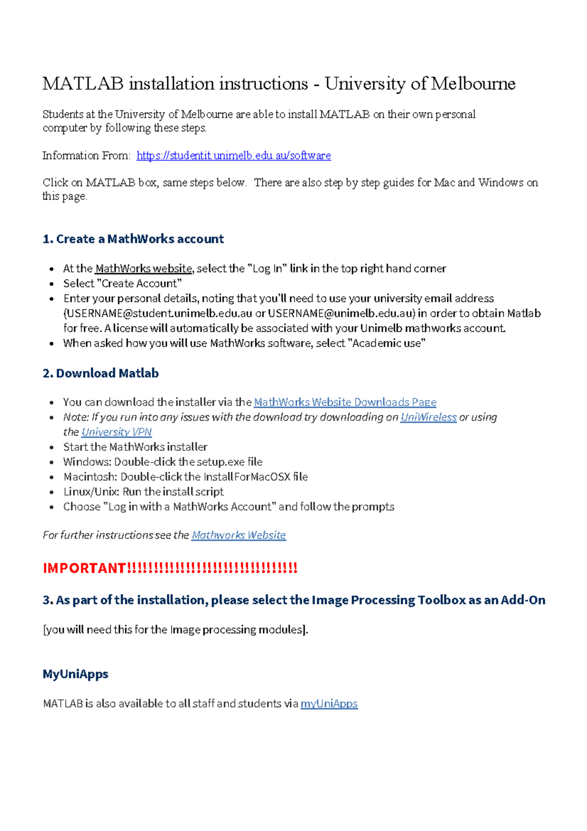 Matlab installation instructions - MATLAB installation instructions - University of Melbourne ...