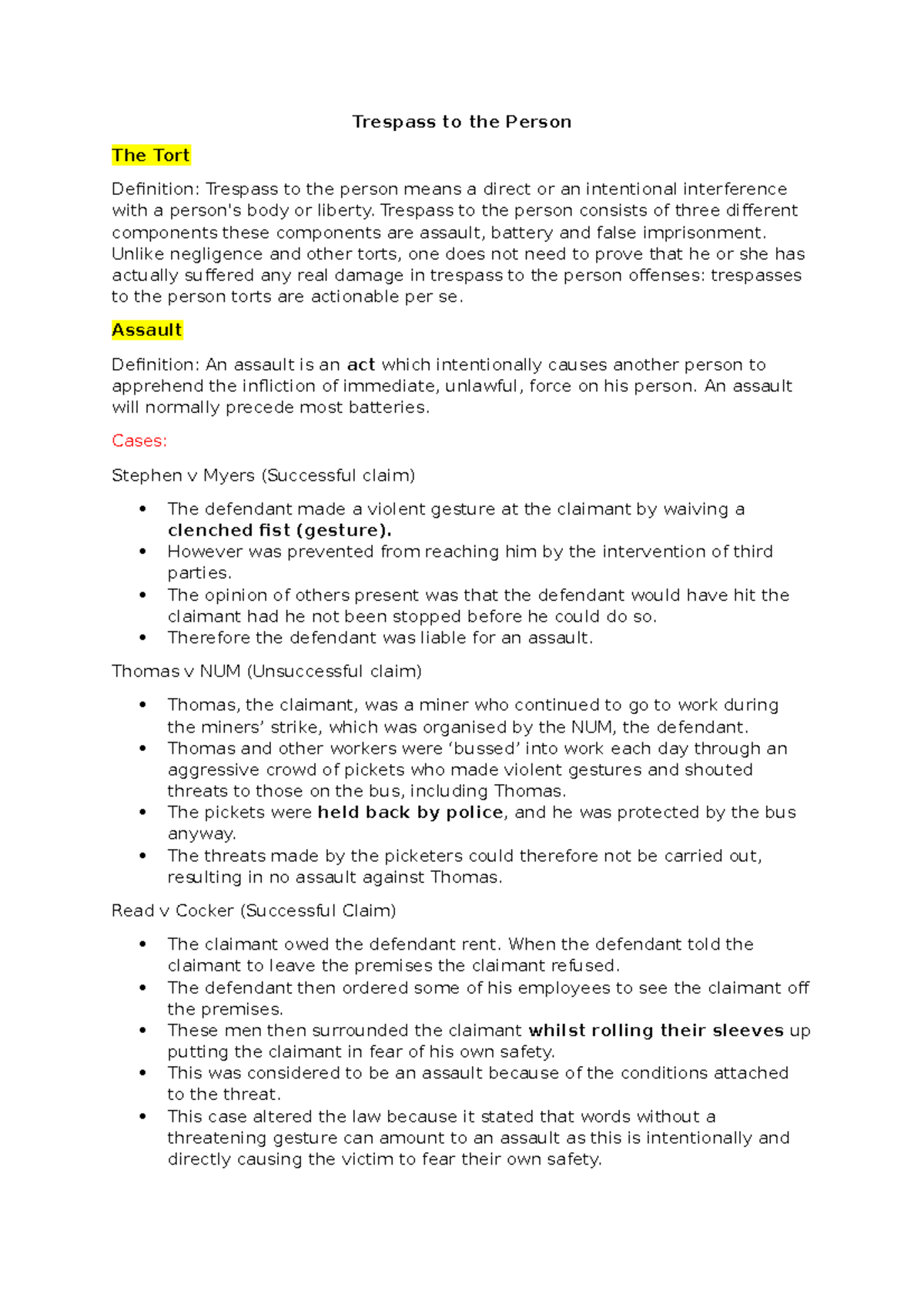 Trespass To The Person - Summary Law - Trespass to the Person The Tort ...