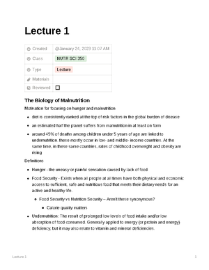 Nutri Sci 350: Lecture 11 - Lecture 3 Created Class NUTR SCI 350 Type Lecture Materials Reviewed ...