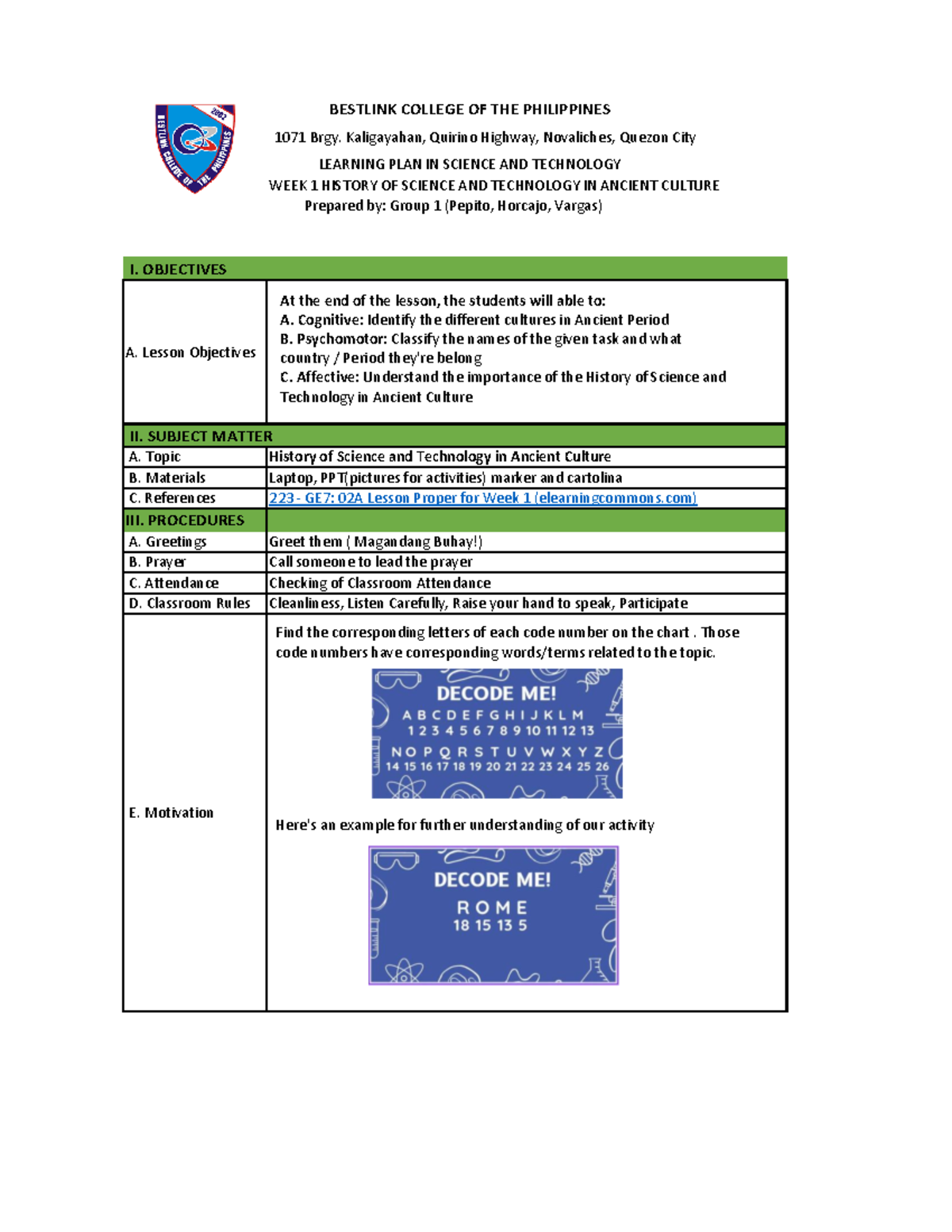 Learning Plan in Science - BESTLINK COLLEGE OF THE PHILIPPINES 1071 ...