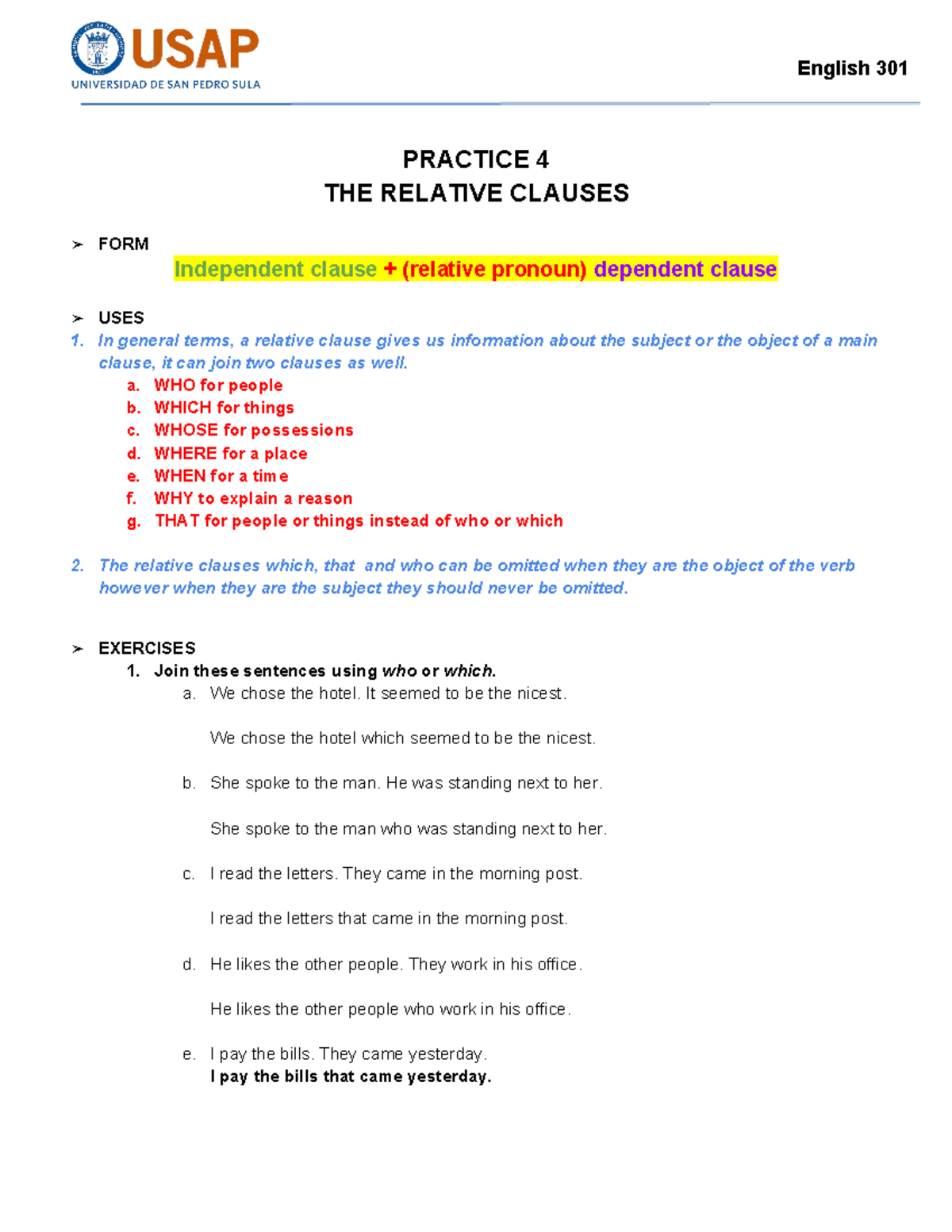 4 Practice - The relative clauses - English 301 PRACTICE 4 THE RELATIVE ...