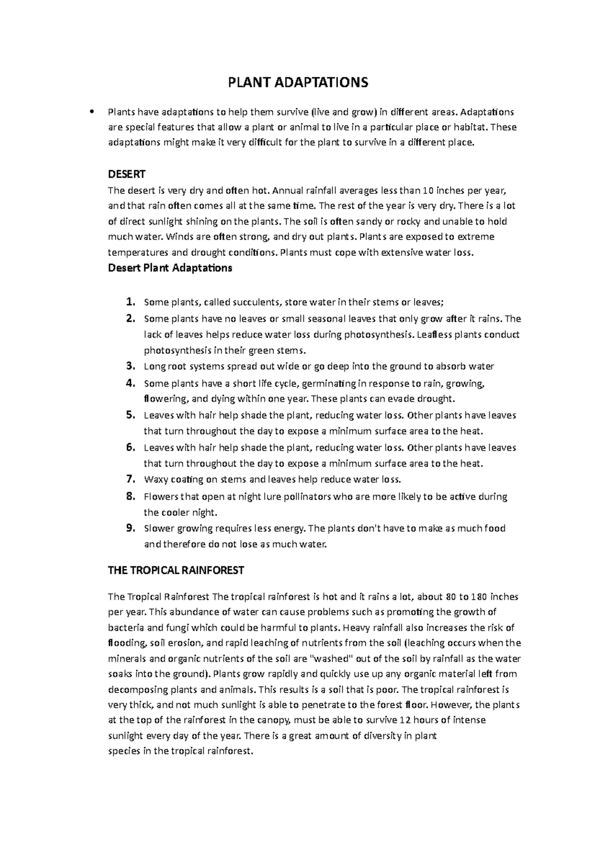 Plant Adaptations - PLANT ADAPTATIONS Plants have adaptations to help ...