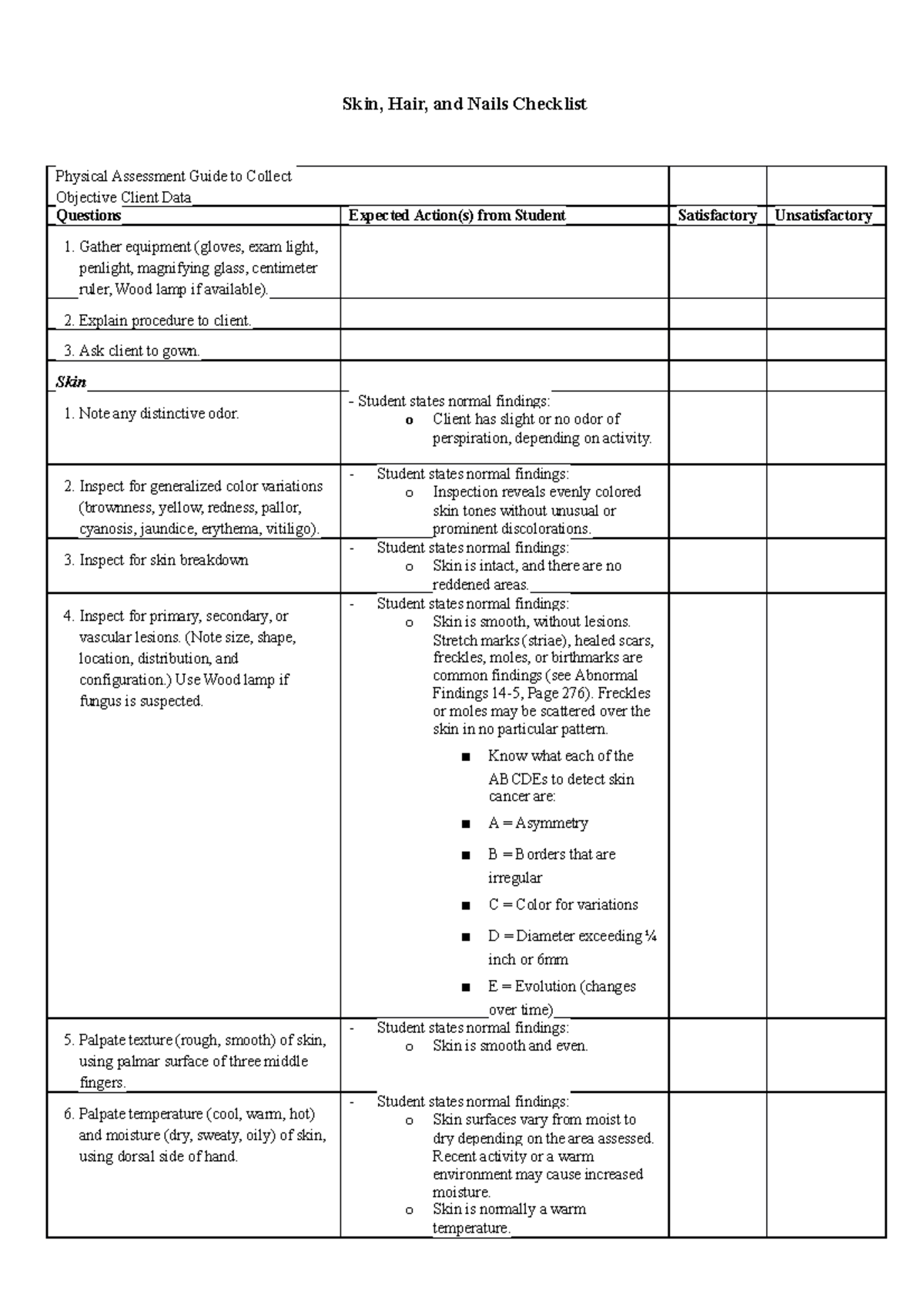 Skin, Hair and Nails Checklist - Skin, Hair, and Nails Checklist ...