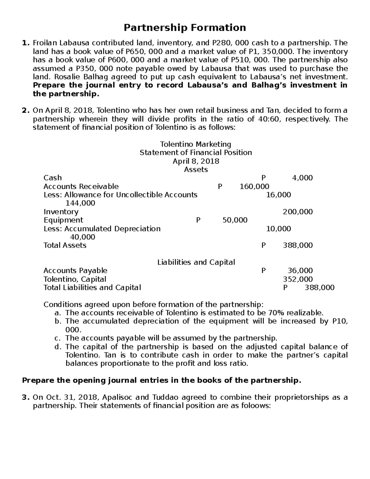 Parcor Sample Problems - Partnership Formation Froilan Labausa ...