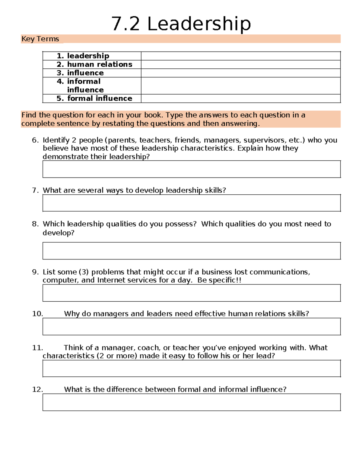 7-2 Leadership Terms & Questions PBM - 7 Leadership Key Terms 1 ...
