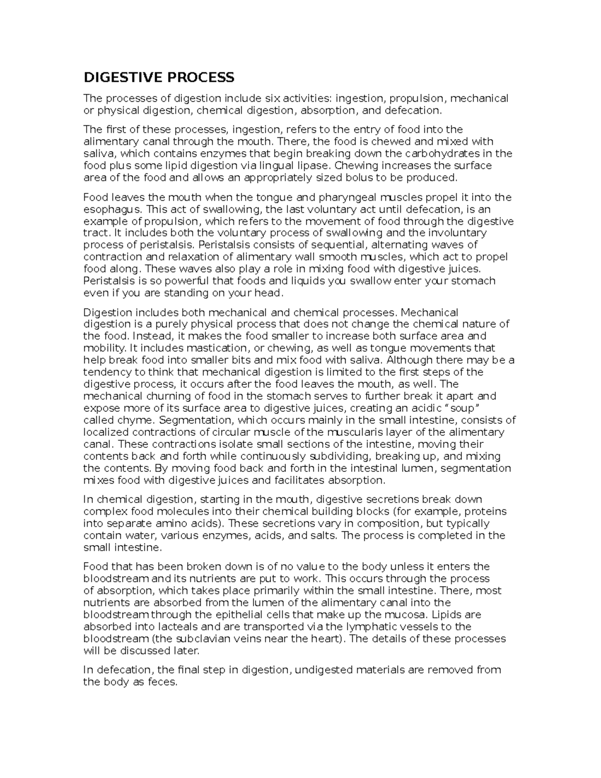 Evidencia human body care - DIGESTIVE PROCESS The processes of ...