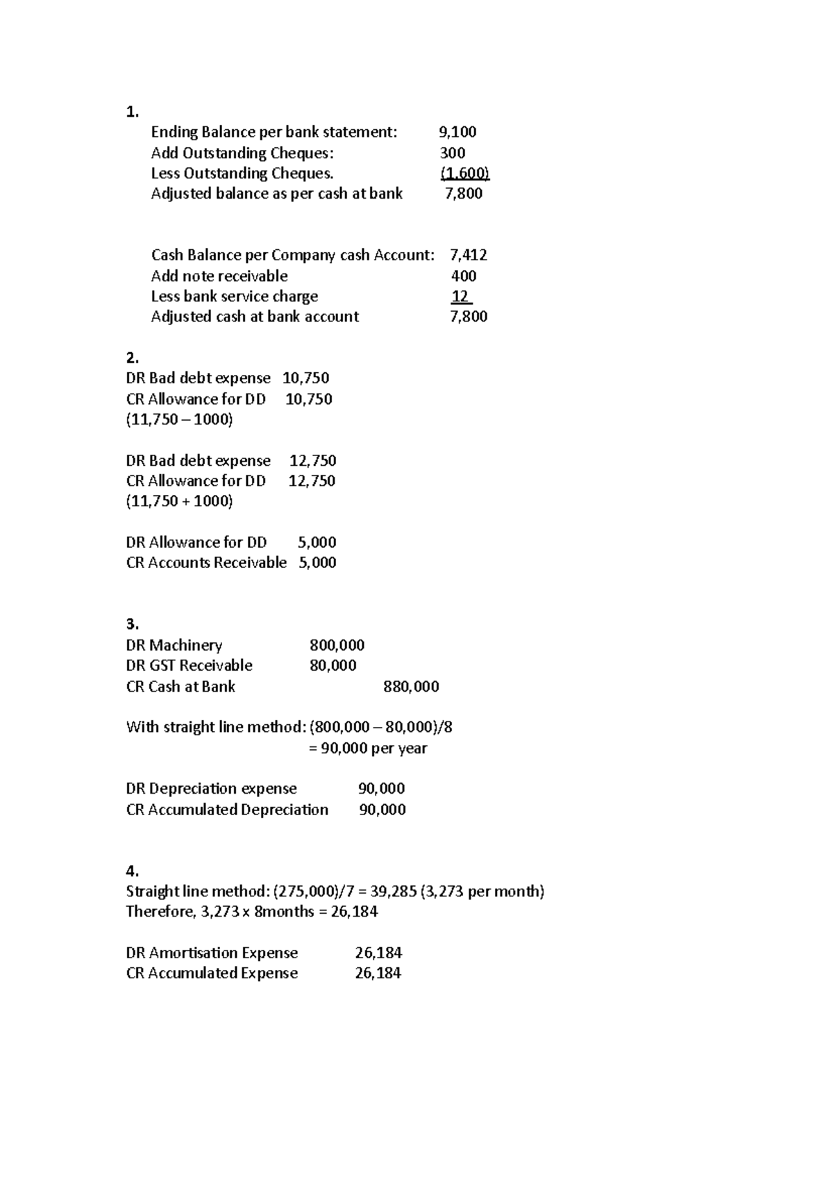Practice Accounting Exam - 1. Ending Balance per bank statement: 9, Add ...